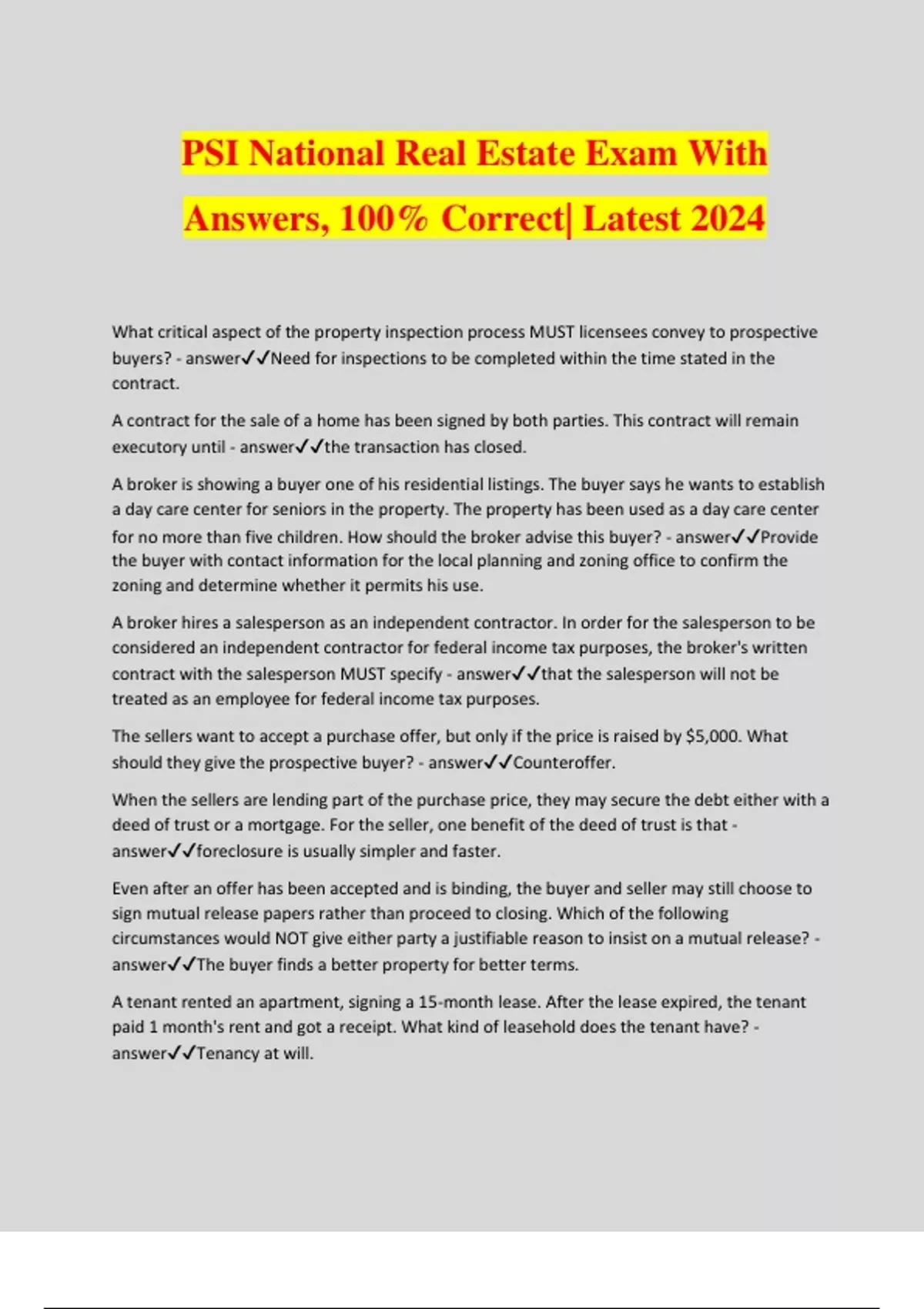 PSI National Real Estate Exam With Answers, 100% Correct| Latest 2024 ...