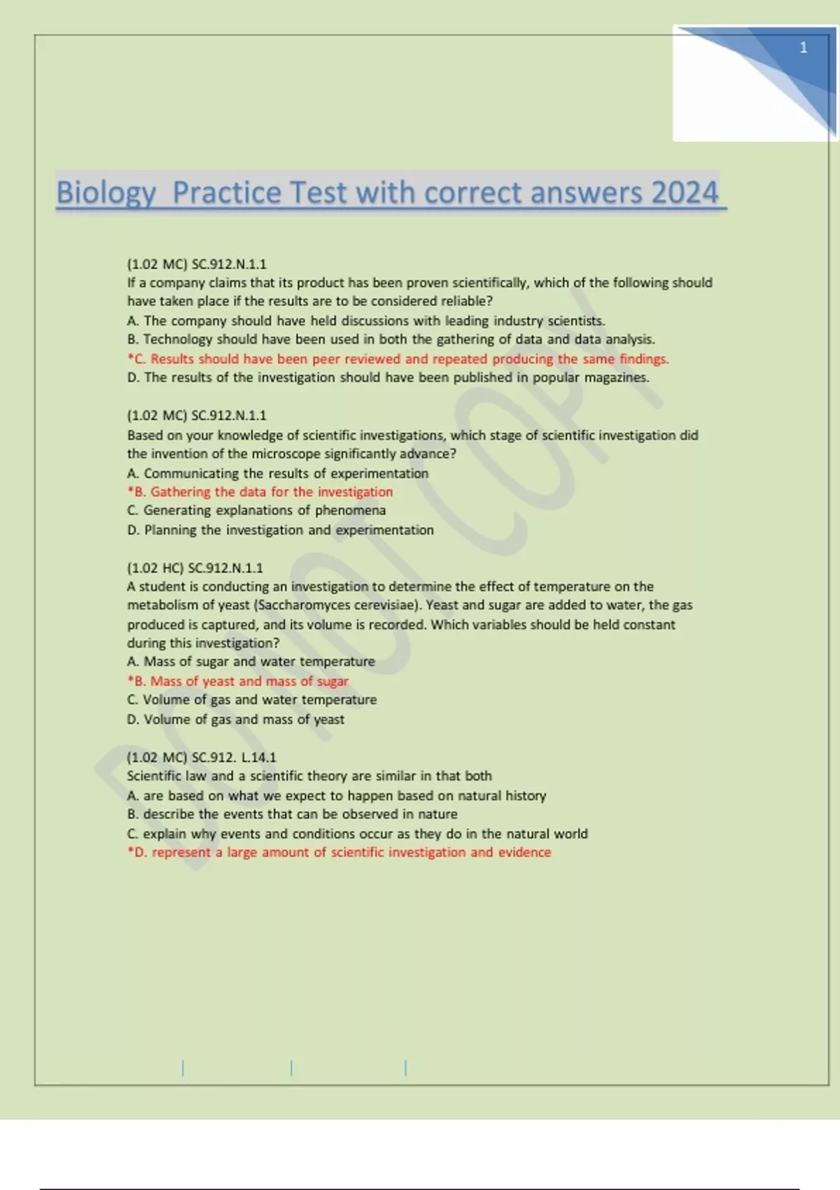 Biology Practice Test with correct answers 2024 - Biology 202 - Stuvia US