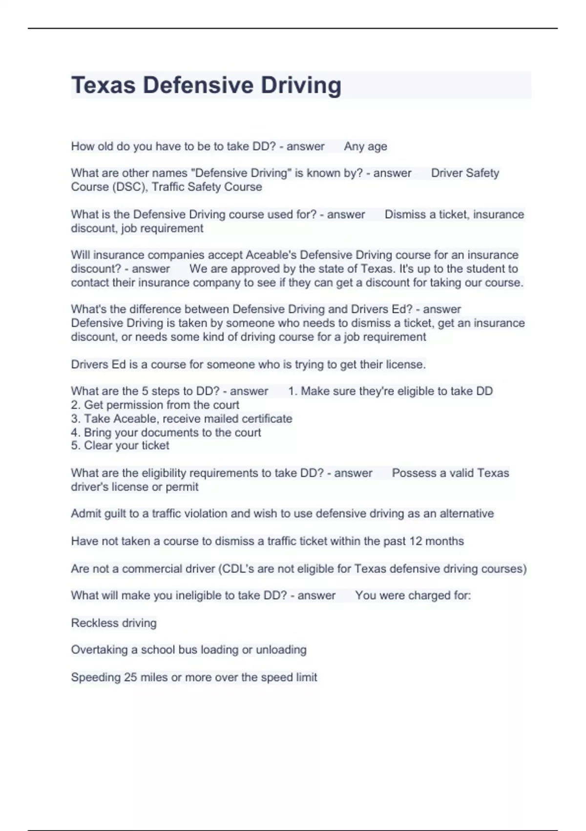 Texas Defensive Driving Questions and Answers 100% Accurate 2024 - Defensive Driving Course ...
