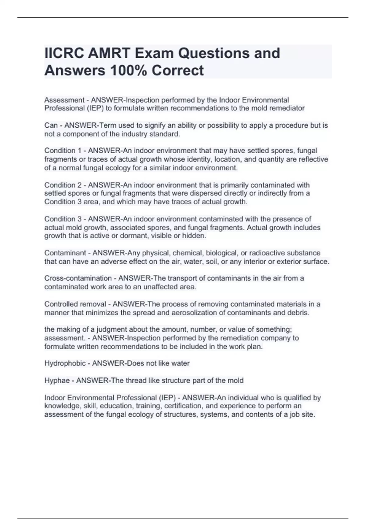 IICRC AMRT Exam Questions and Answers 100% CorrectIICRC AMRT Exam ...