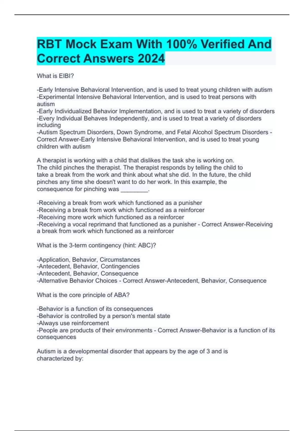 RBT Mock Exam With 100% Verified And Correct Answers 2024 - RBT - Stuvia US