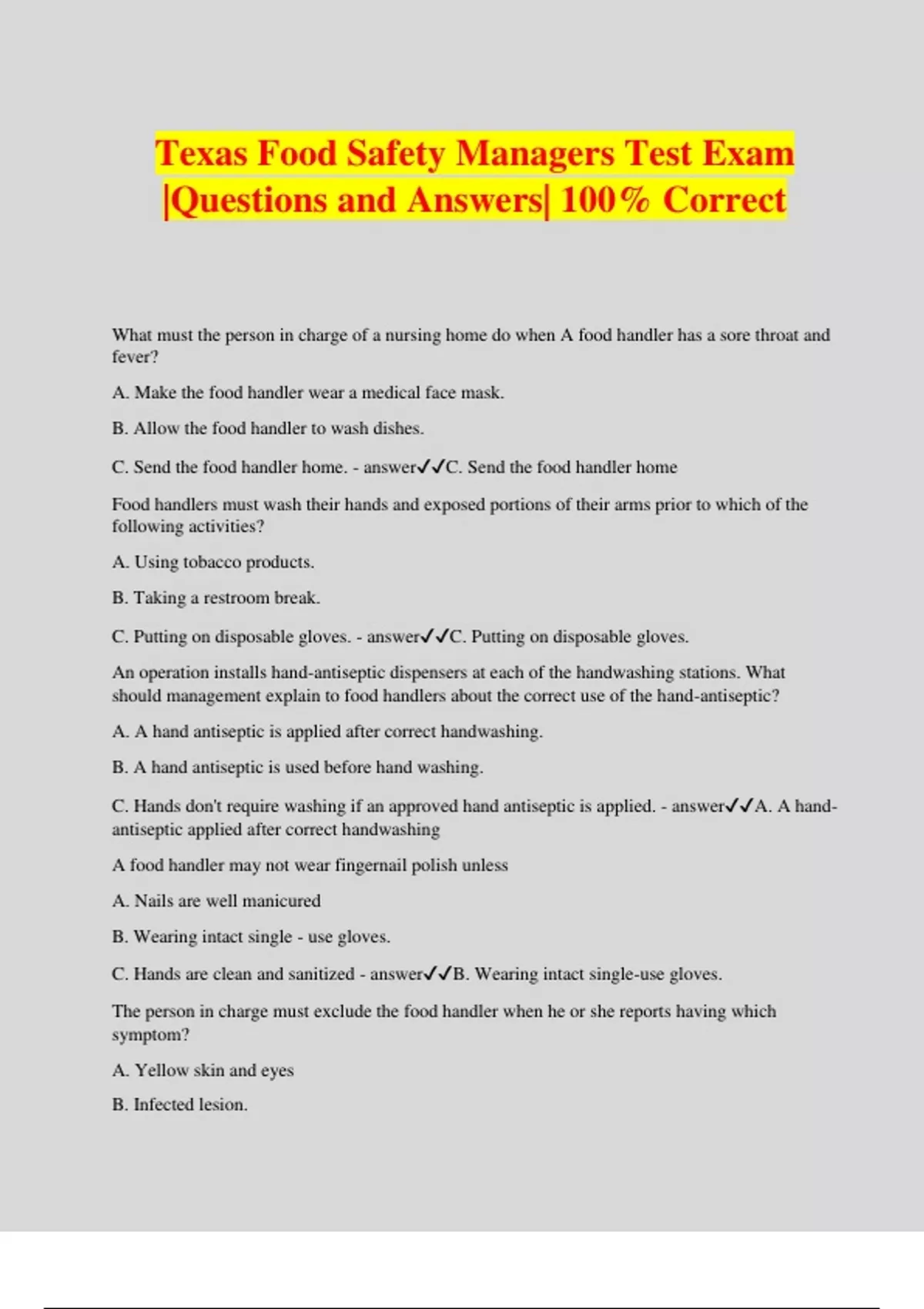 Texas Food Safety Managers Test Exam |Questions and Answers| 100% ...