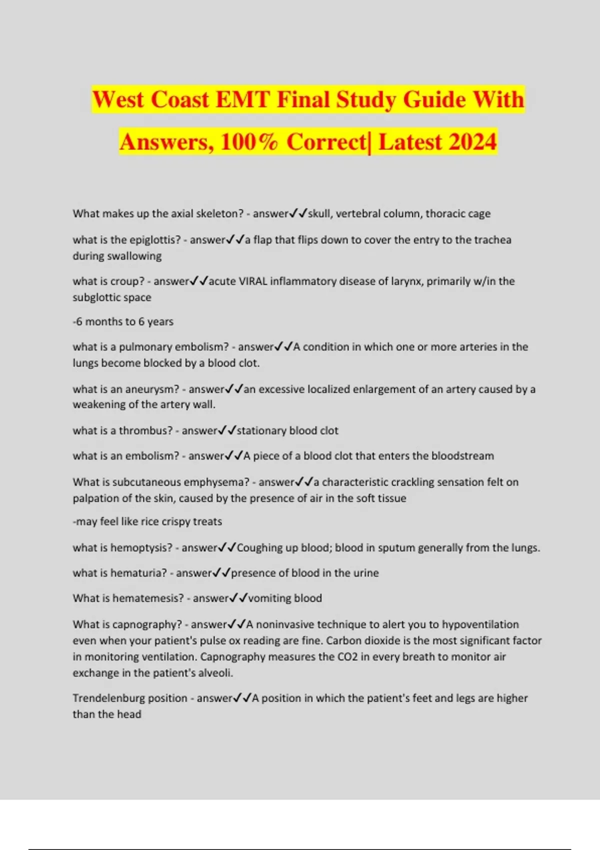 West Coast EMT Final Study Guide With Answers, 100% Correct| Latest ...