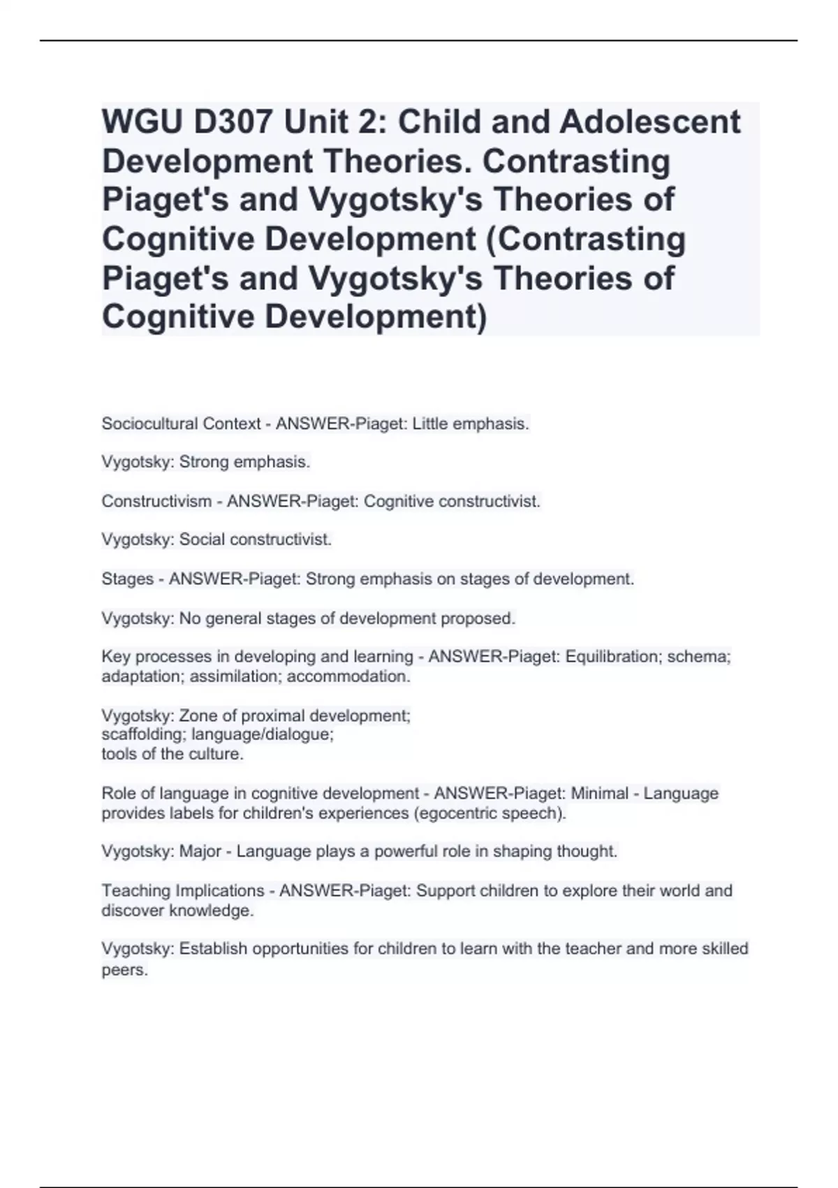 WGU D307 Unit 2: Child and Adolescent Development Theories. Contrasting ...