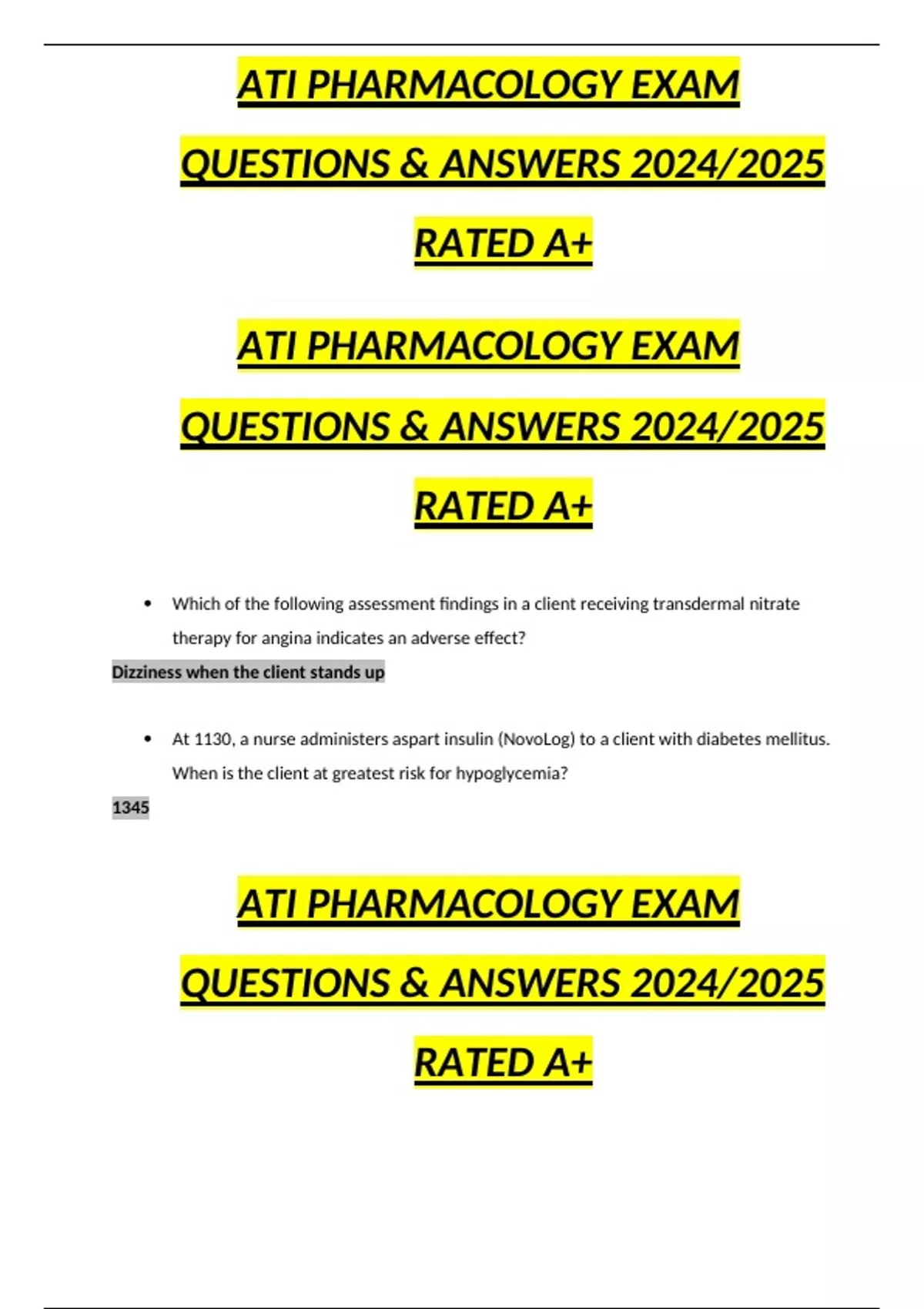 ATI PHARMACOLOGY EXAM QUESTIONS & ANSWERS 2024/2025 RATED A+ - ATI ...