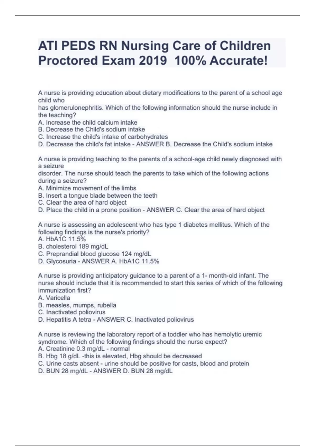 ATI PEDS RN Nursing Care of Children Proctored Exam 2019 100% Accurate ...