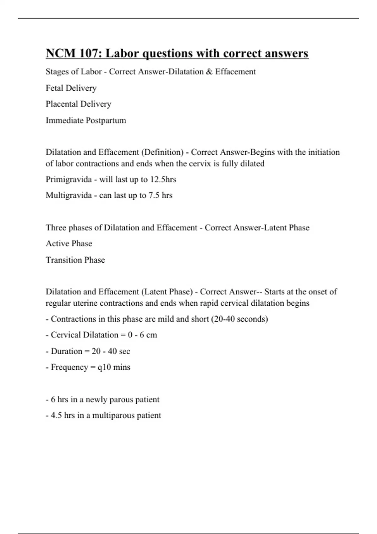 NCM 107: Labor questions with correct answers - NCM 107 - Stuvia US