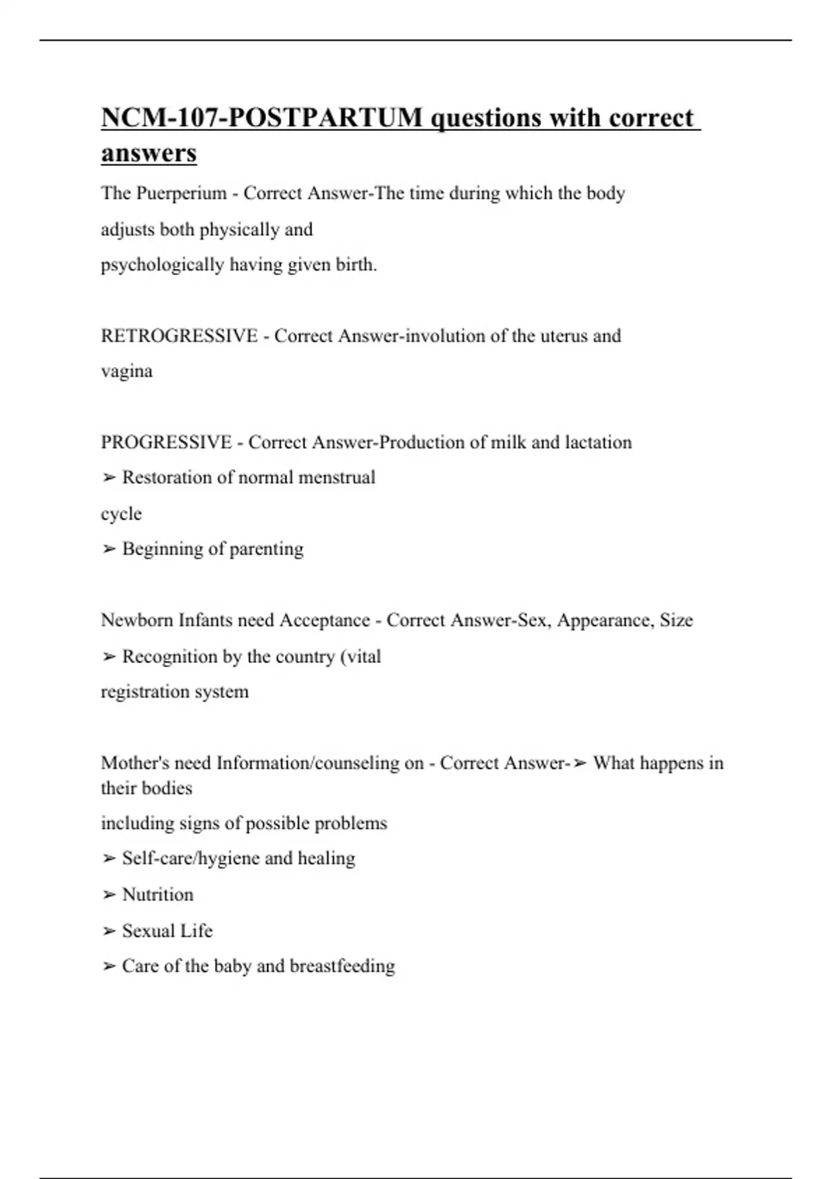 NCM-107-POSTPARTUM questions with correct answers - NCM-107 - Stuvia US