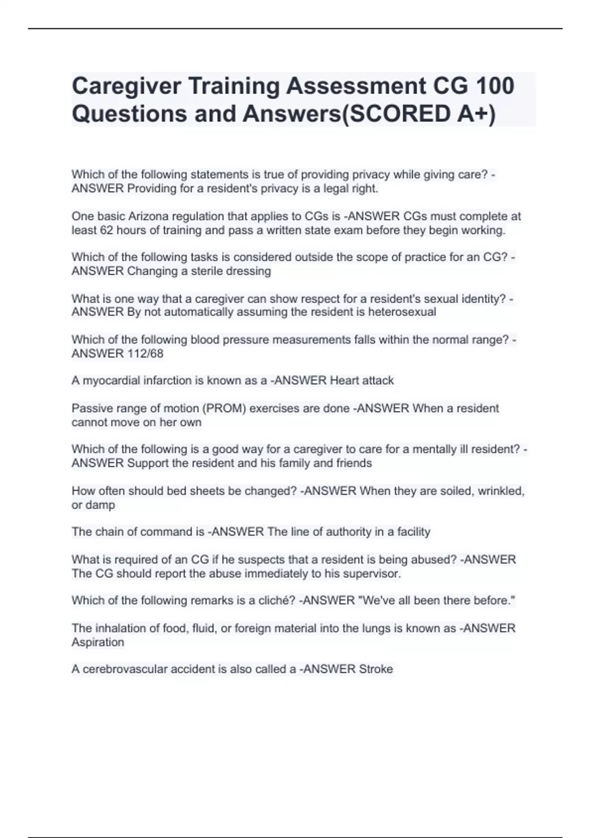 Caregiver Training Assessment CG 100 Questions and Answers(SCORED A+ ...