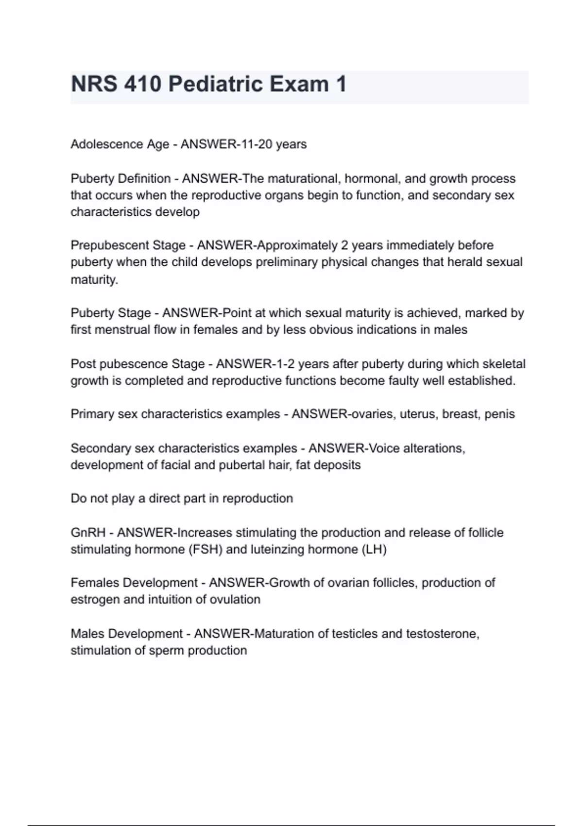 NRS 410 Pediatric Exam 1 questions with complete solution - NRS 410 ...