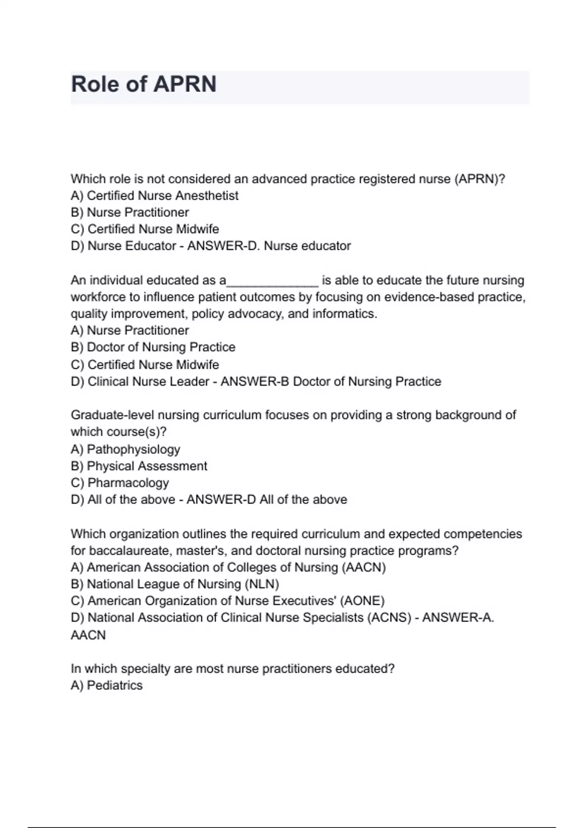 Role of APRN questions with complete solution - Role of APRN - Stuvia US