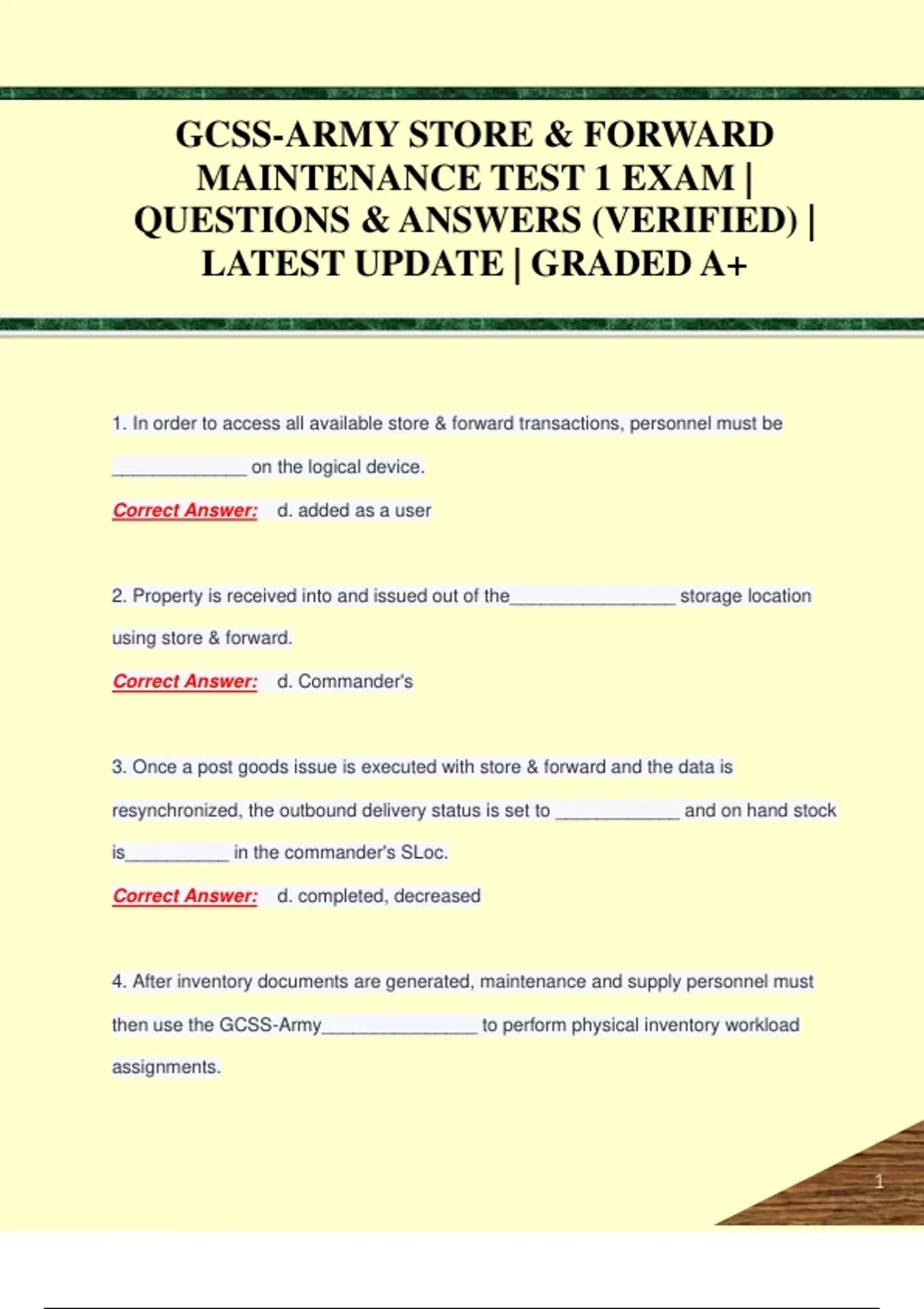 Gcss Army Store And Forward Maintenance Test 1 Exam Questions And Answers Verified Latest
