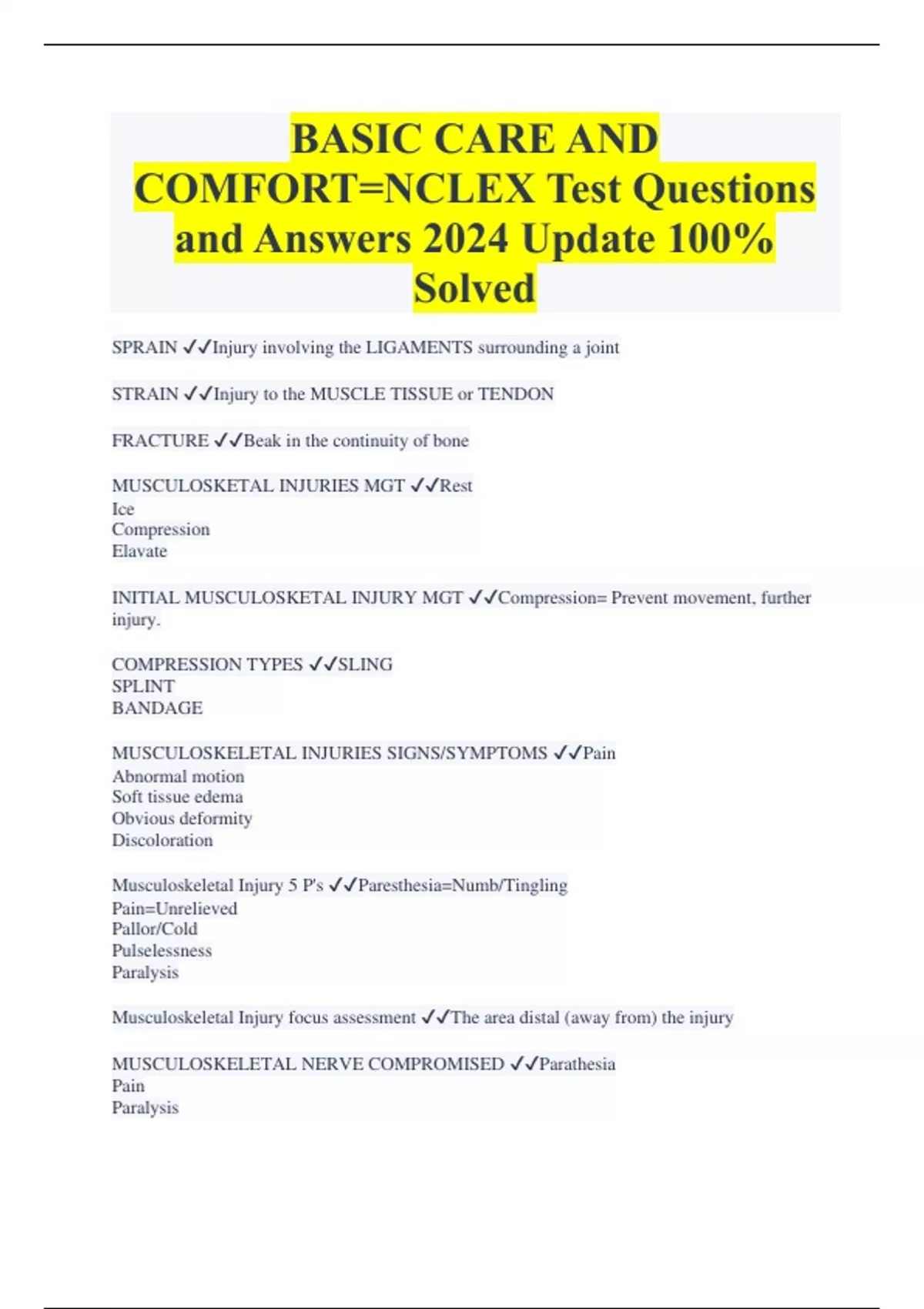BASIC CARE AND COMFORT NCLEX Test Questions and Answers 2024 Update 100 ...