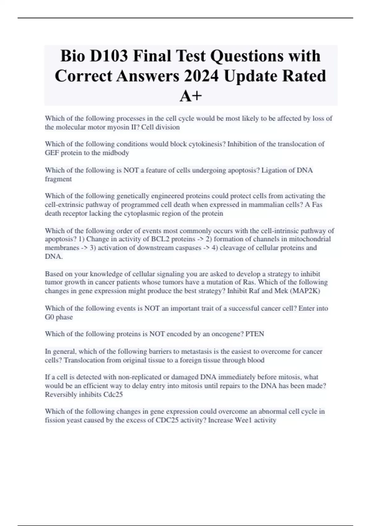 Bio D103 Final Test Questions with Correct Answers 2024 Update Rated A+ ...