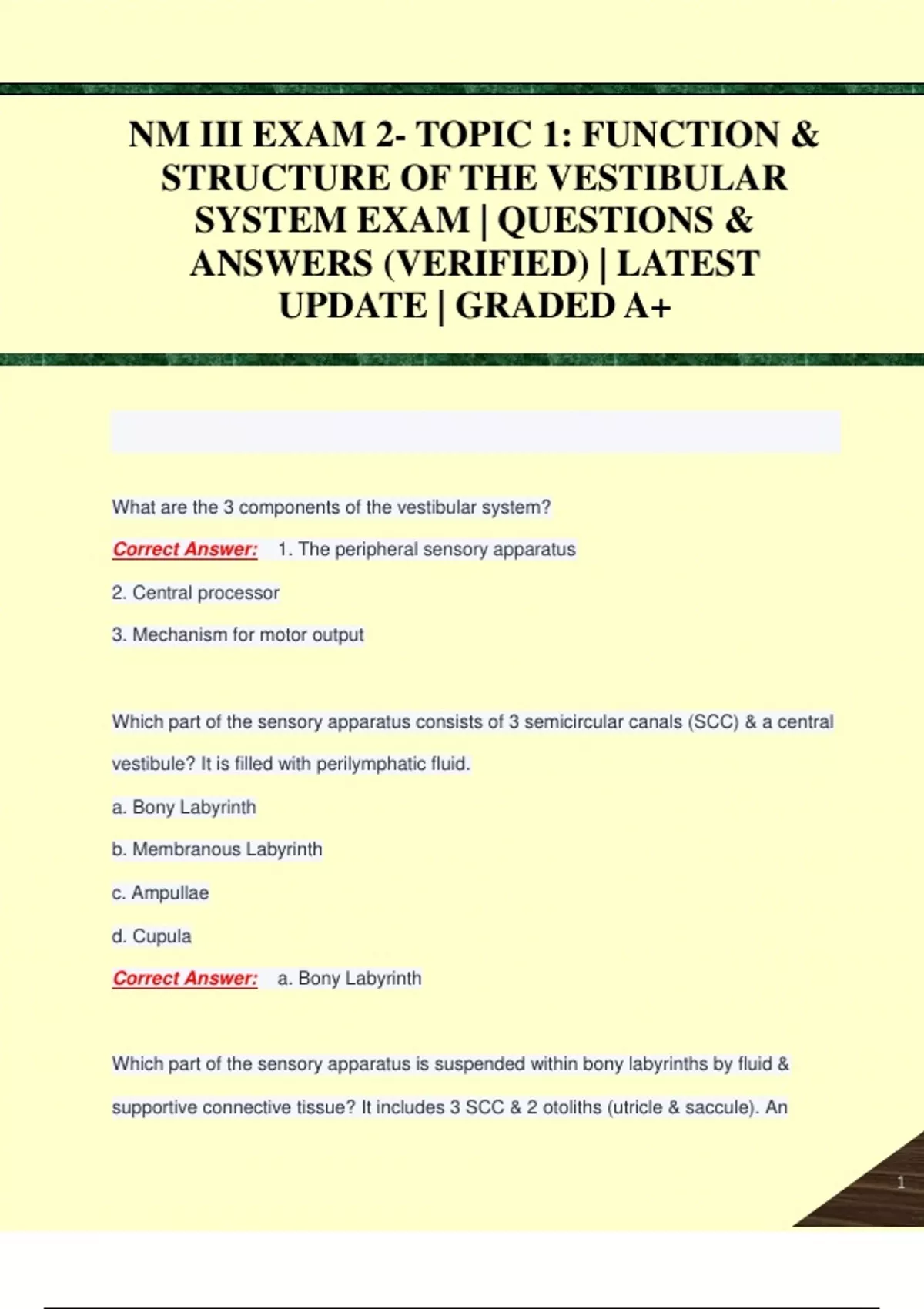 NM III EXAM 2- TOPIC 1: FUNCTION & STRUCTURE OF THE VESTIBULAR SYSTEM ...
