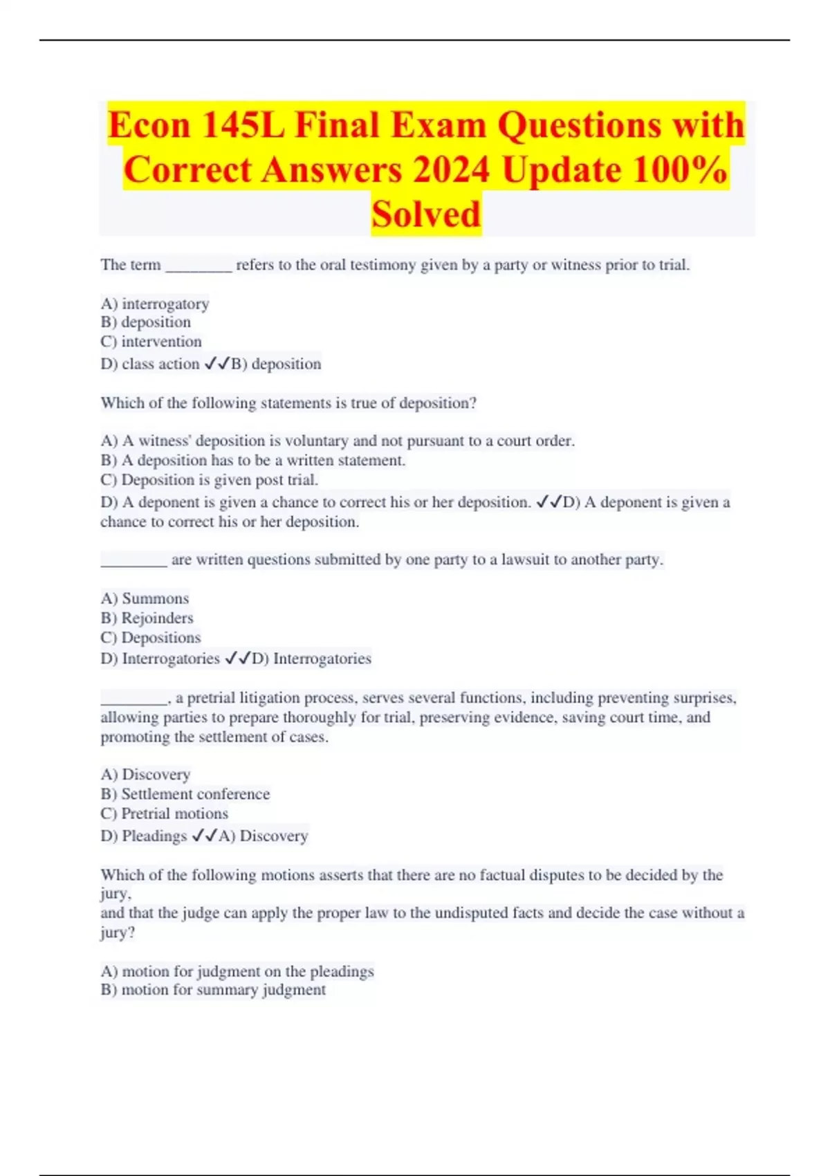 Econ 145L Final Exam Questions with Correct Answers 2024 Update 100% Solved - Econ 145l - Stuvia US