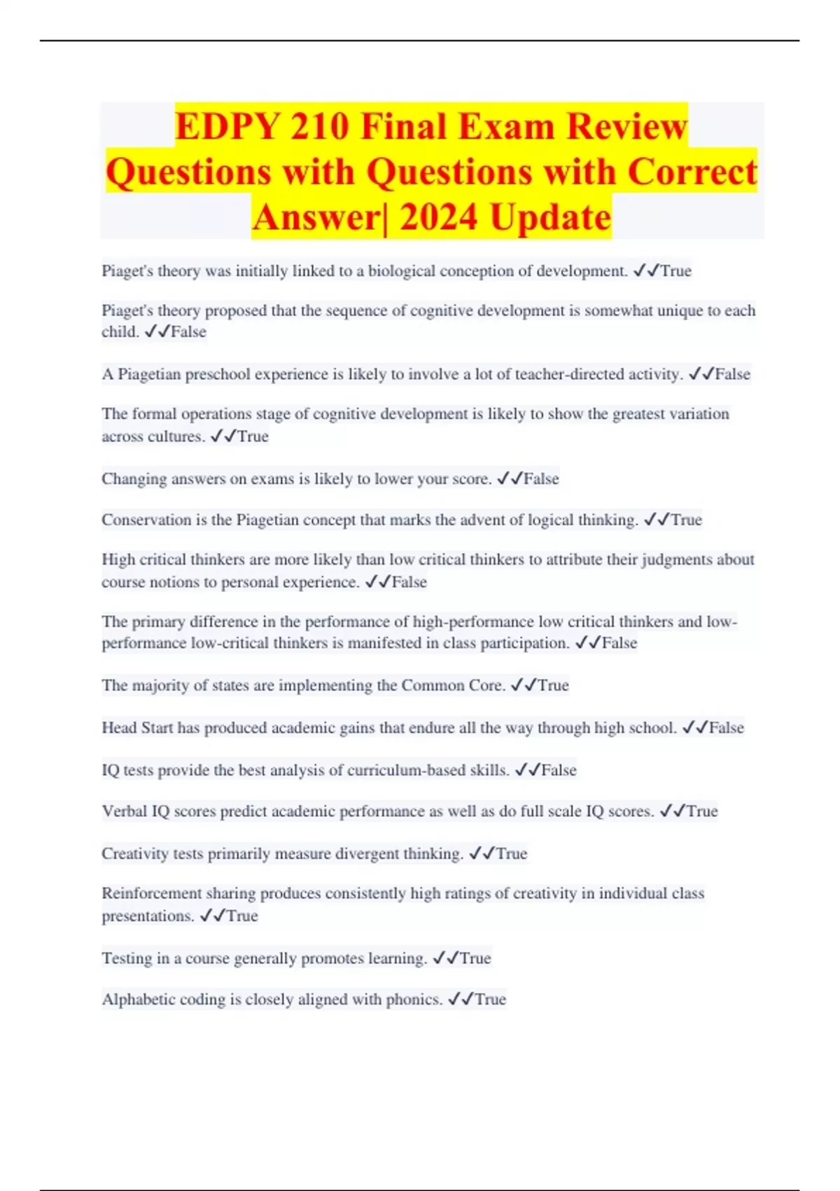 EDPY 210 Final Exam Review Questions with Questions with Correct Answer ...