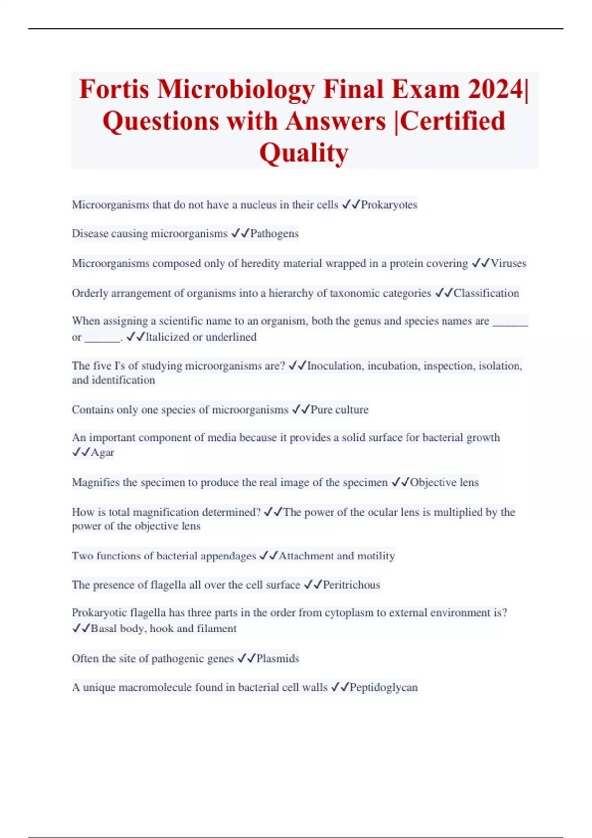 Fortis Microbiology Final Exam 2024| Questions with Answers |Certified ...