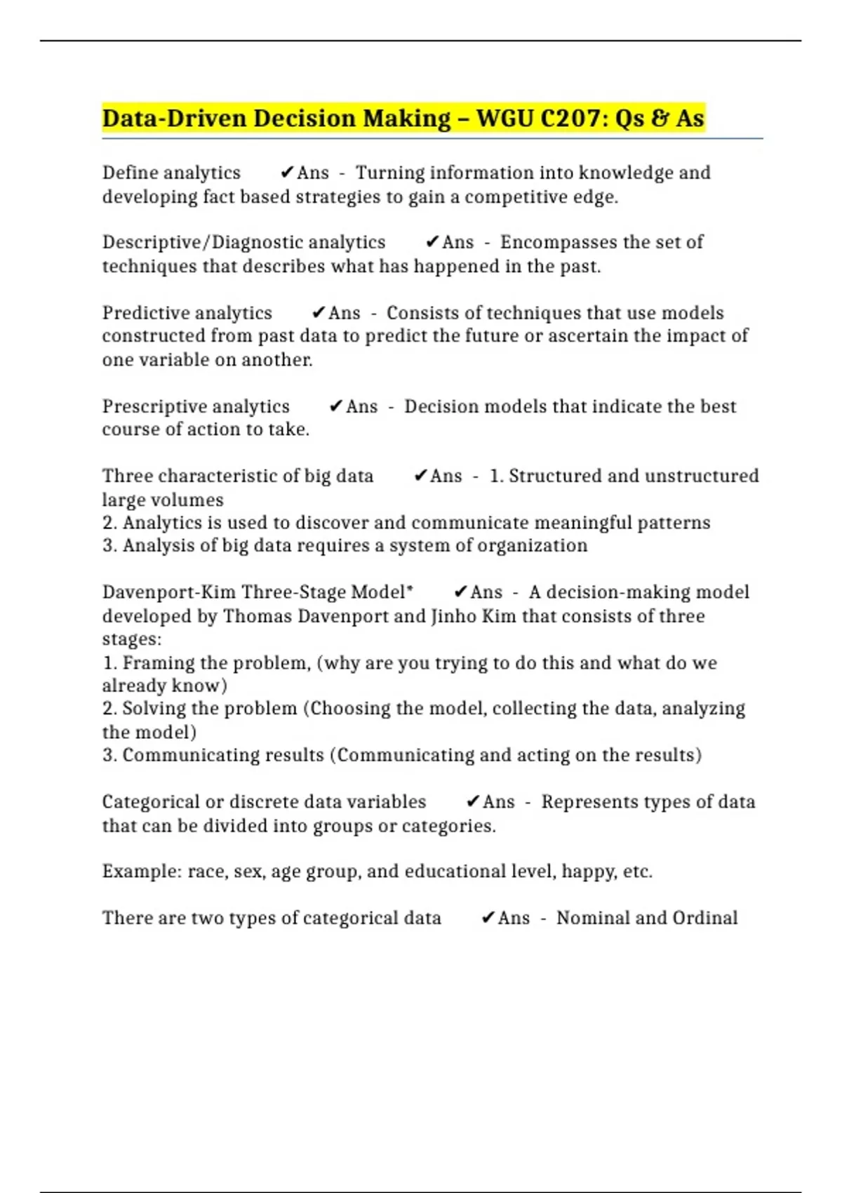 Data-Driven Decision Making – WGU C207: Qs & As - WGU C207 - Stuvia US