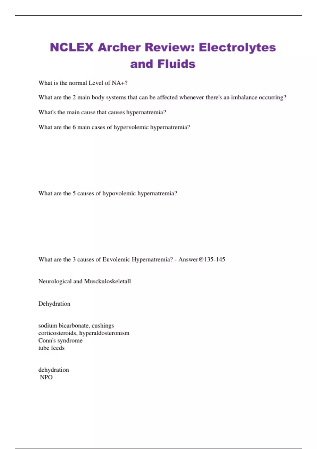 NCLEX Archer Review: Electrolytes and Fluids - NCLEX RN - Stuvia US