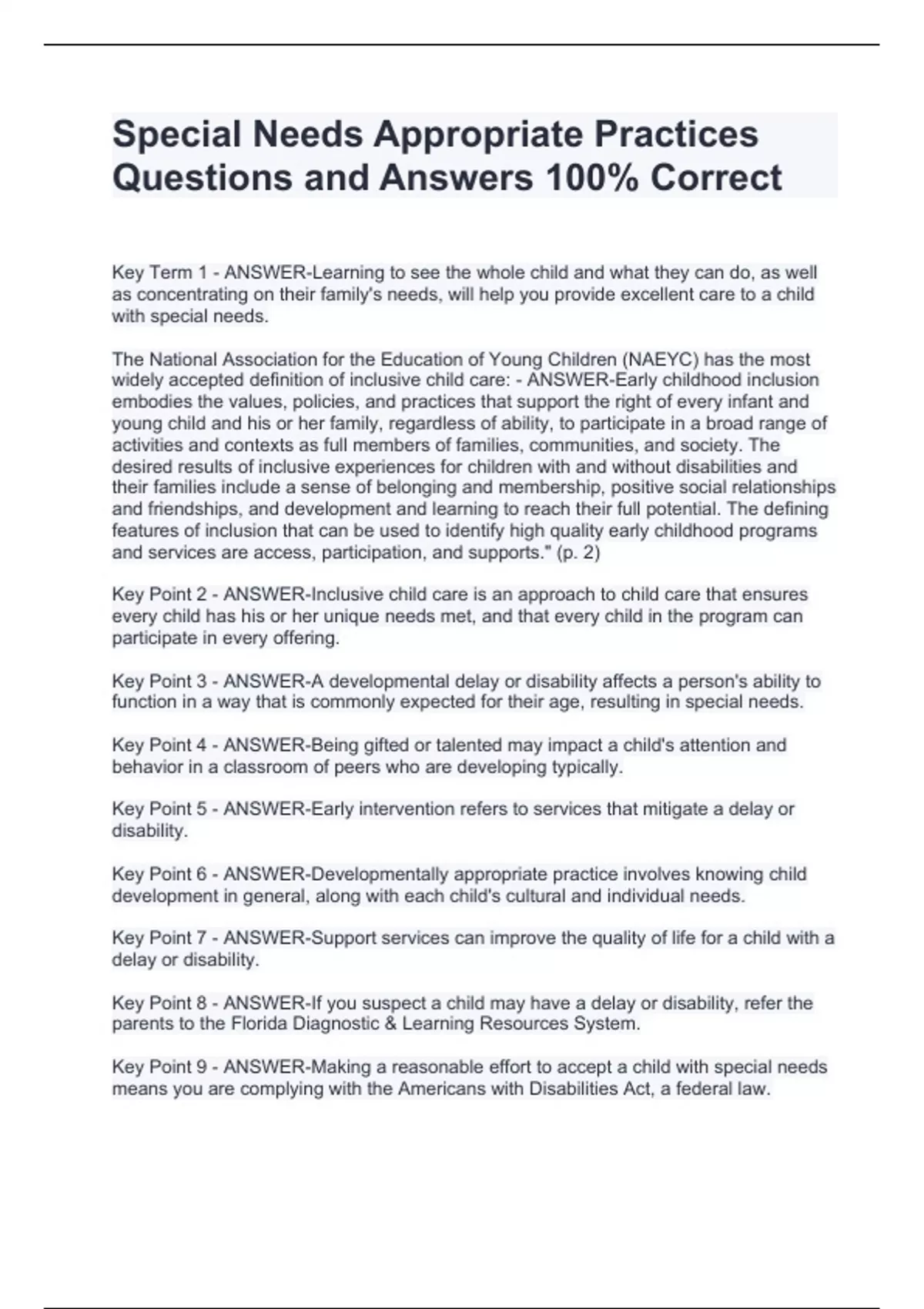 Special Needs Appropriate Practices Questions and Answers 100% Correct ...