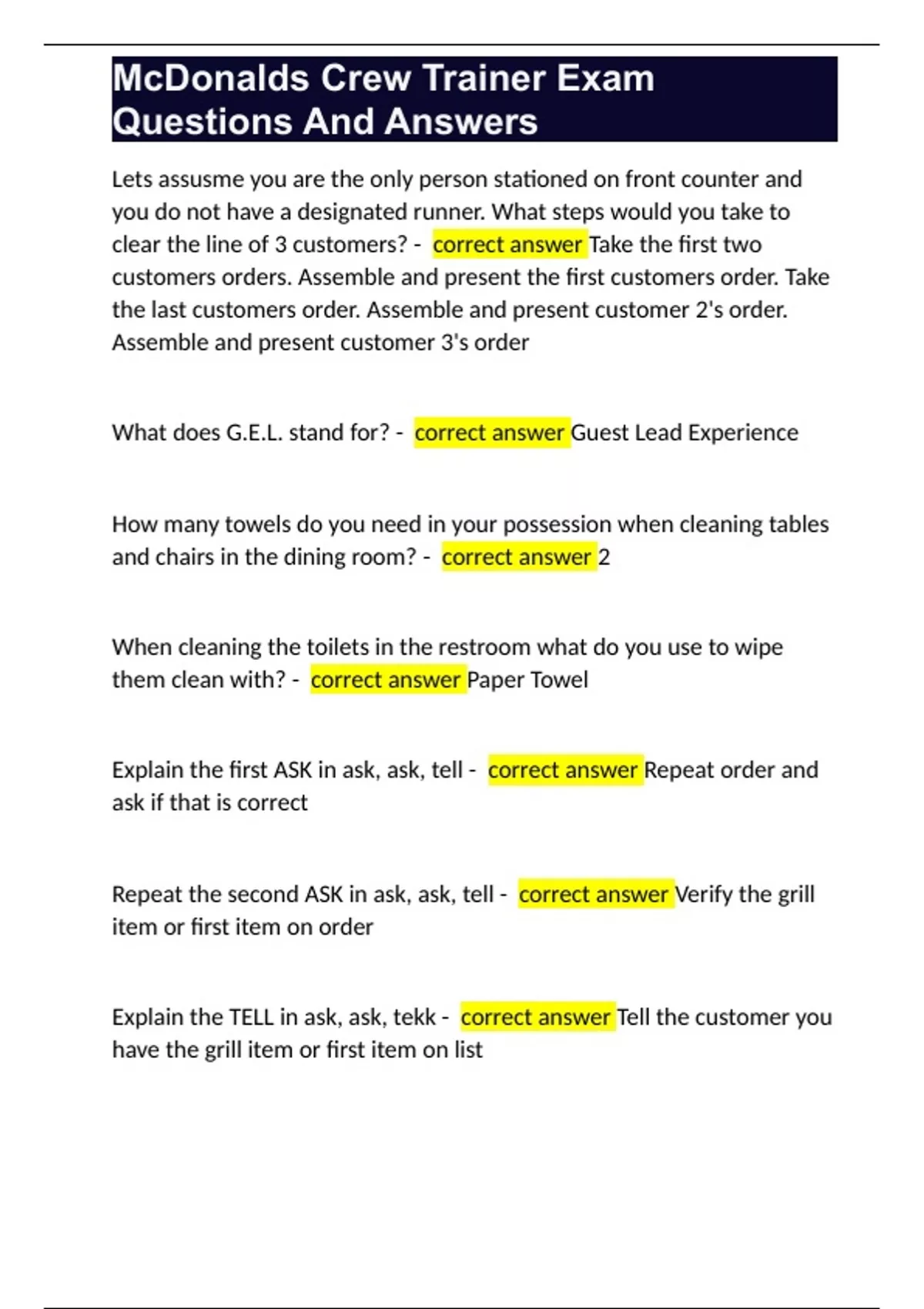 McDonalds Crew Trainer Exam Questions And Answers - McDonalds Crew ...