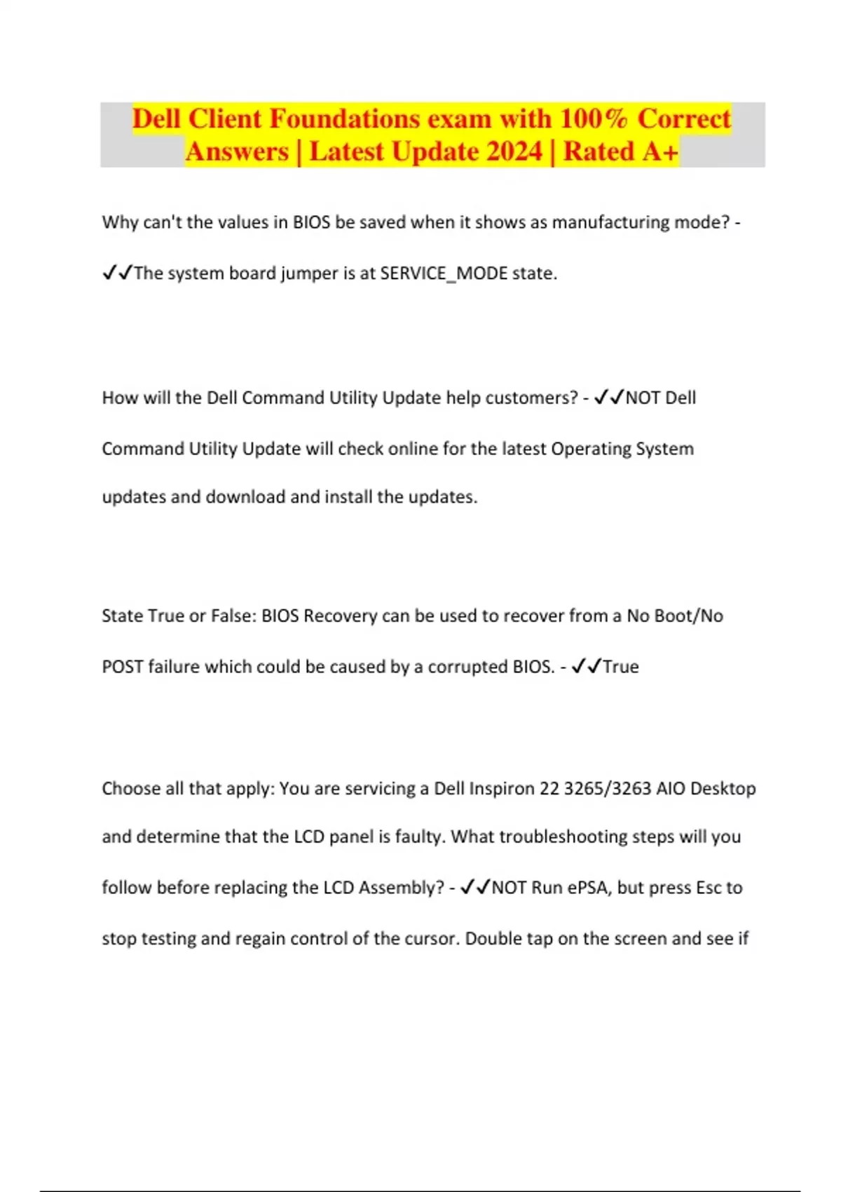 Dell Client Foundations exam with 100% Correct Answers | Latest Update ...