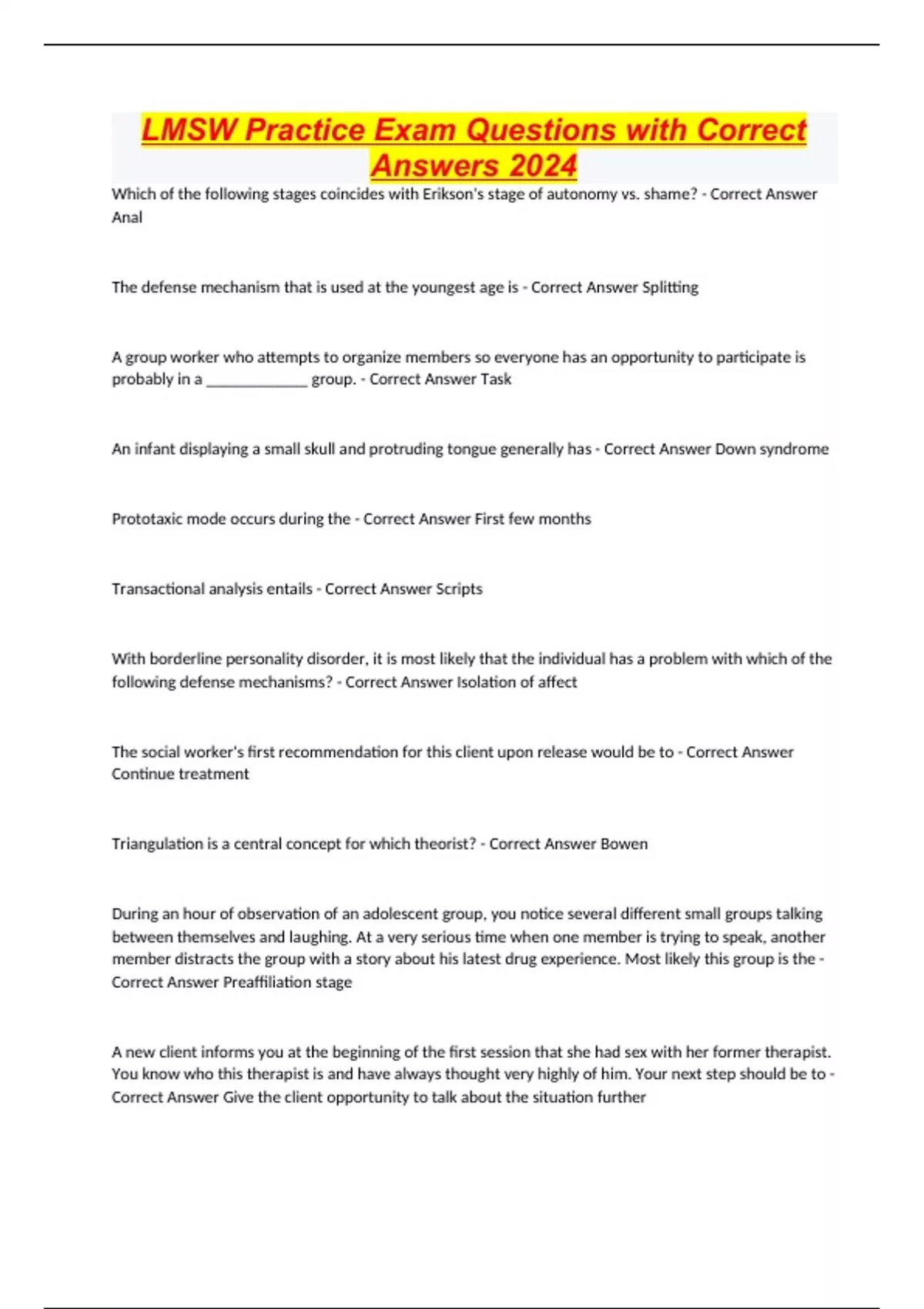 LMSW Practice Exam Questions with Correct Answers 2024 - LMSW ...