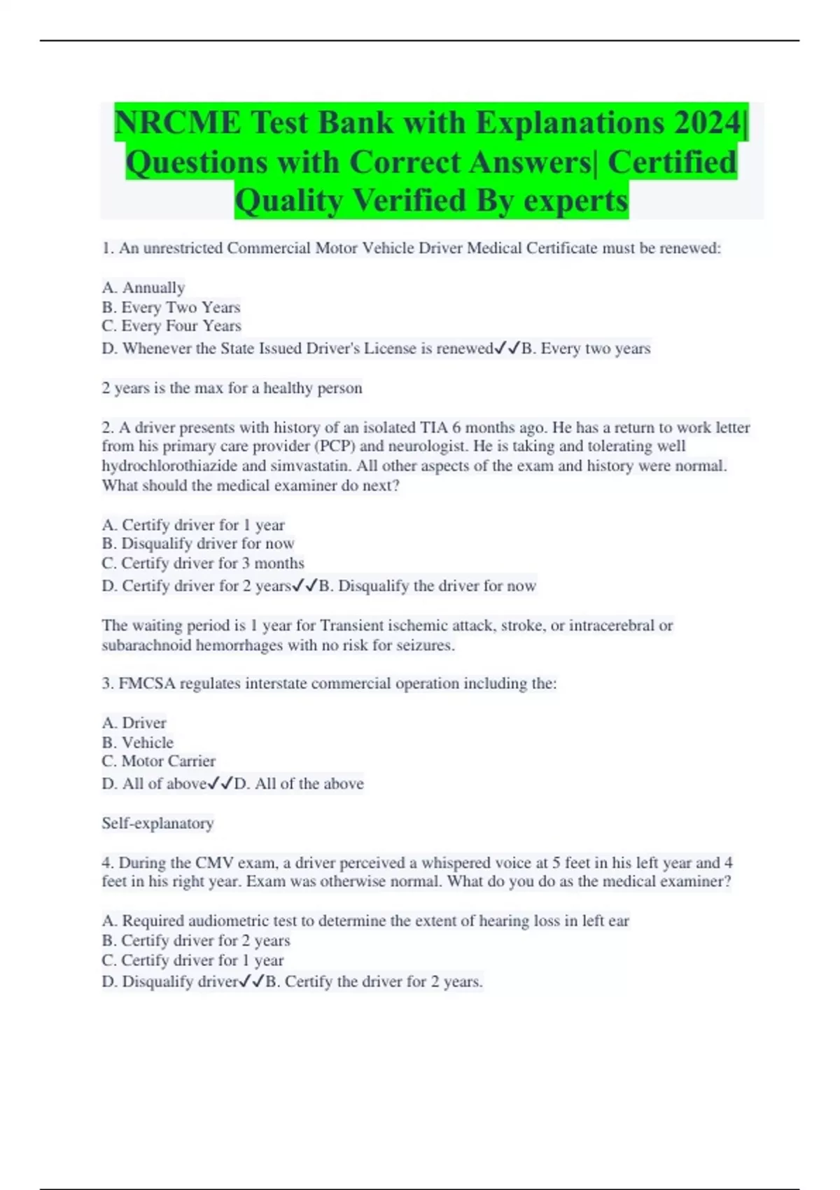 NRCME Test Bank with Explanations 2024| Questions with Correct Answers ...