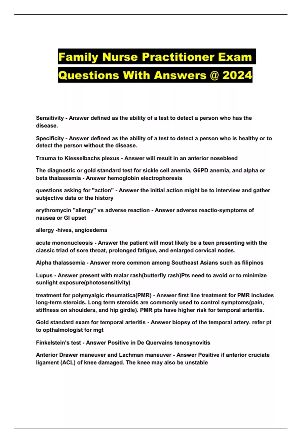 Family Nurse Practitioner Exam Questions With Answers @ 2024 - Family ...