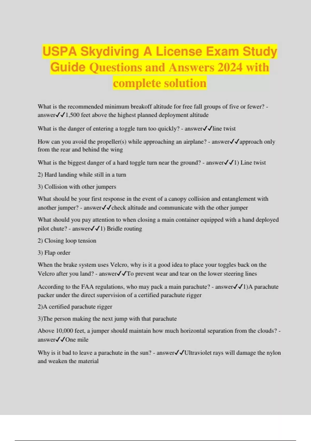 USPA Skydiving A License Exam Study Guide Questions and Answers 2024 ...