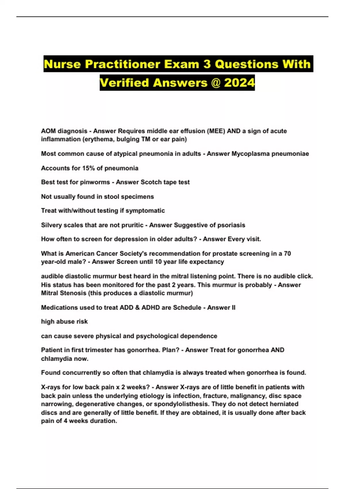 Nurse Practitioner Exam 3 Questions With Verified Answers @ 2024 ...