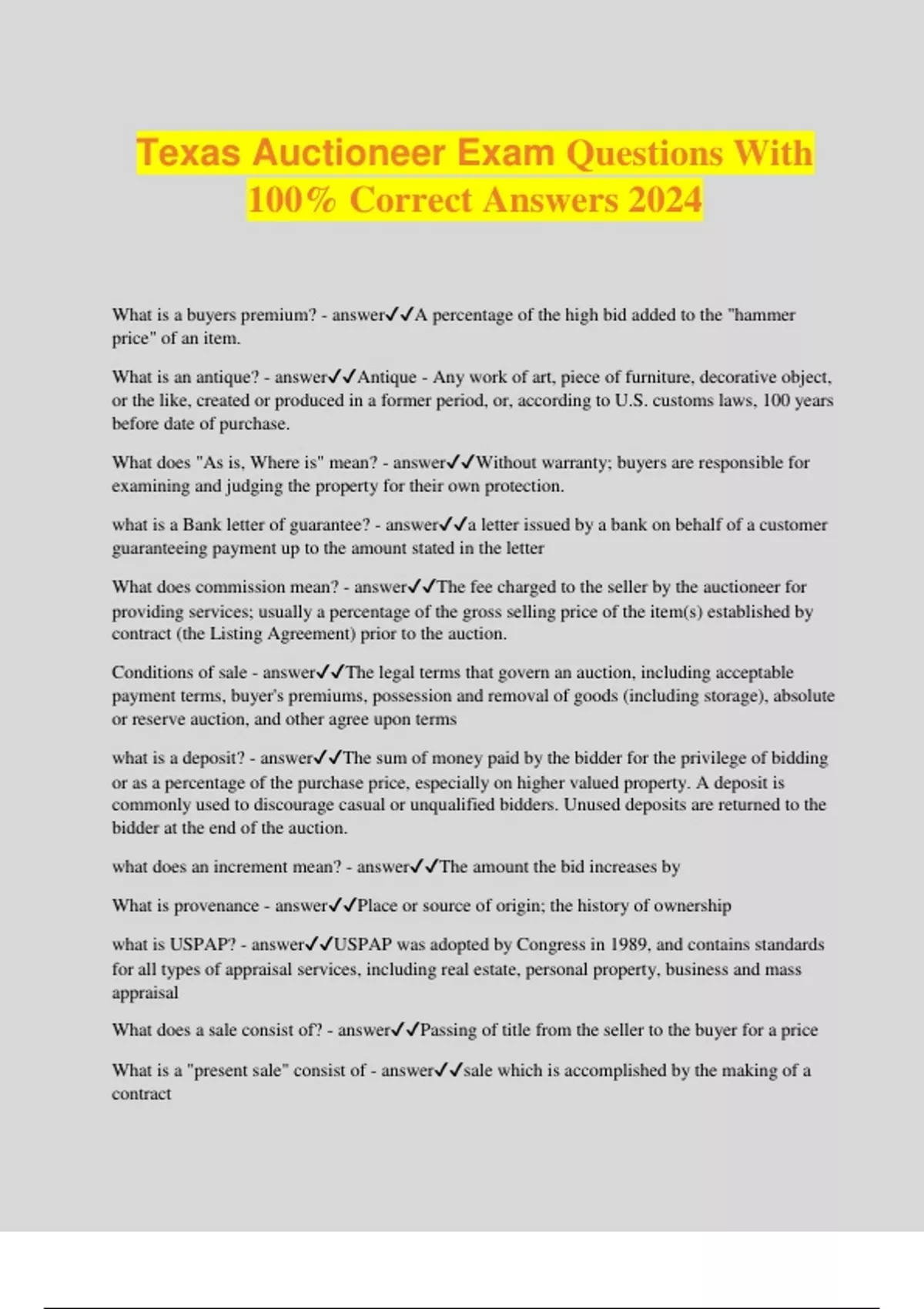 Texas Auctioneer Exam Questions With 100% Correct Answers 2024 - Texas ...