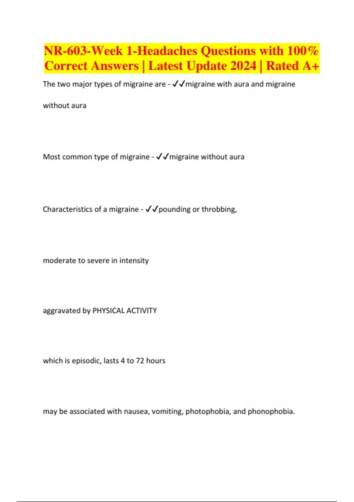 NR-603-Week 1-Headaches Questions with 100% Correct Answers | Latest ...