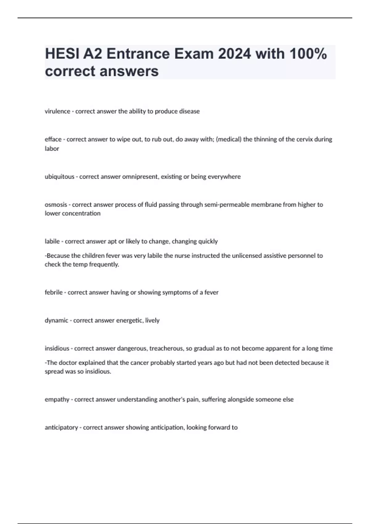 HESI A2 Entrance Exam 2024 with 100% correct answers - HESI A2 - Stuvia US