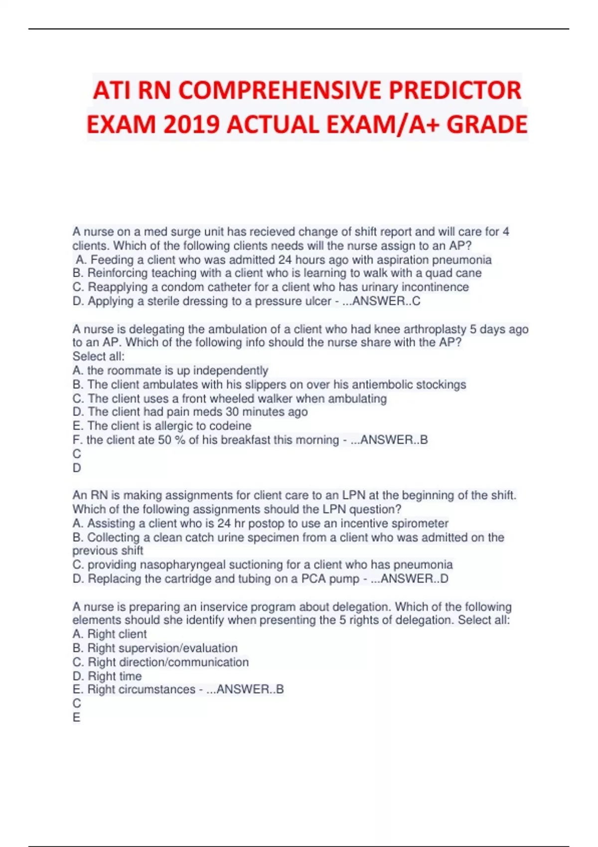 ATI RN COMPREHENSIVE PREDICTOR EXAM 2019 ACTUAL EXAM/A+ GRADE - ATI RN ...