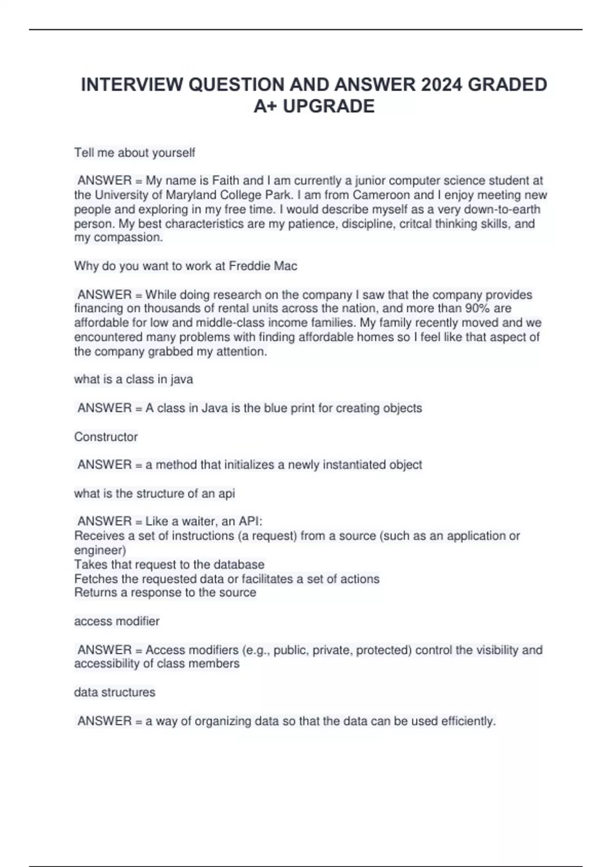 INTERVIEW QUESTION AND ANSWER 2024 GRADED A+ UPGRADE - INTERVIEW ...