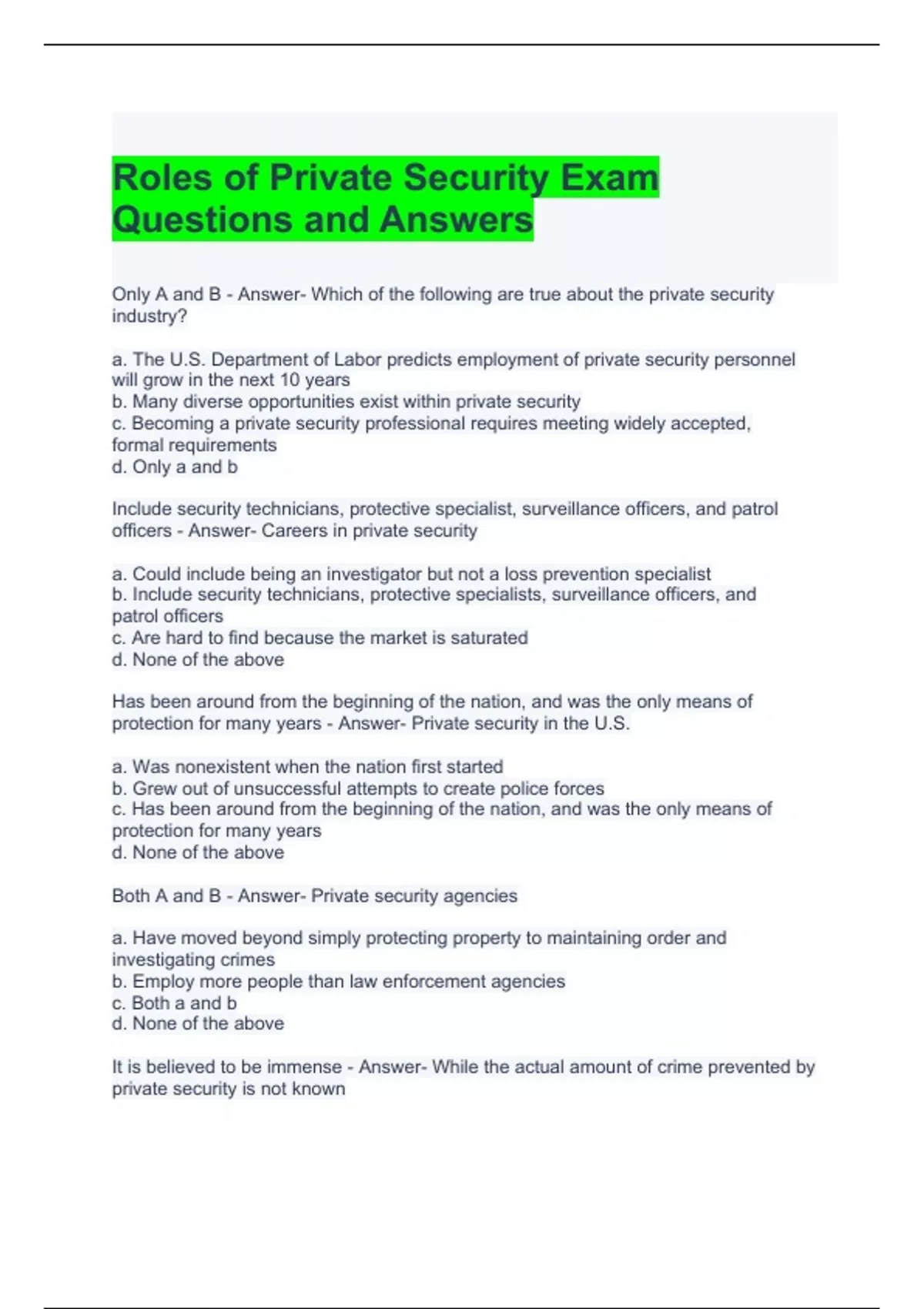 Roles Of Private Security Exam Questions And Answers 100 Correct