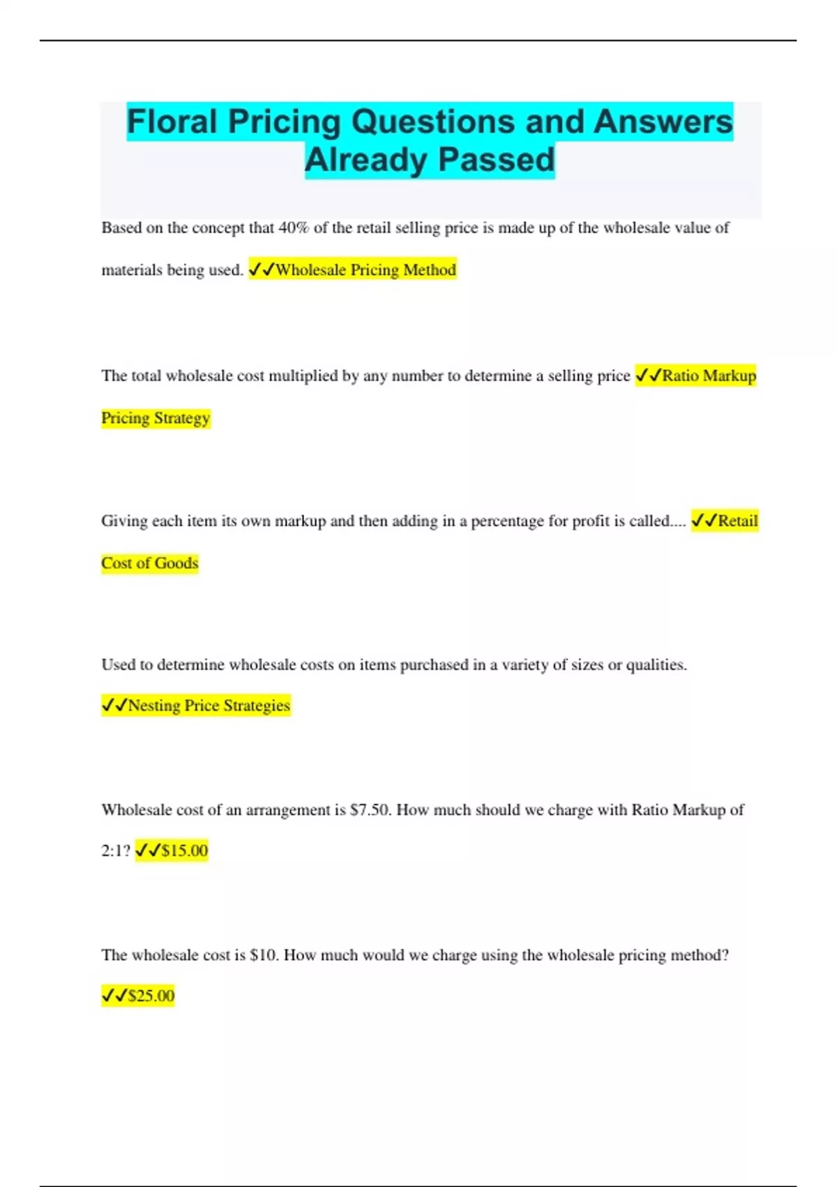 Floral Design Bundled Exams Questions and Answers Multiple Versions ...