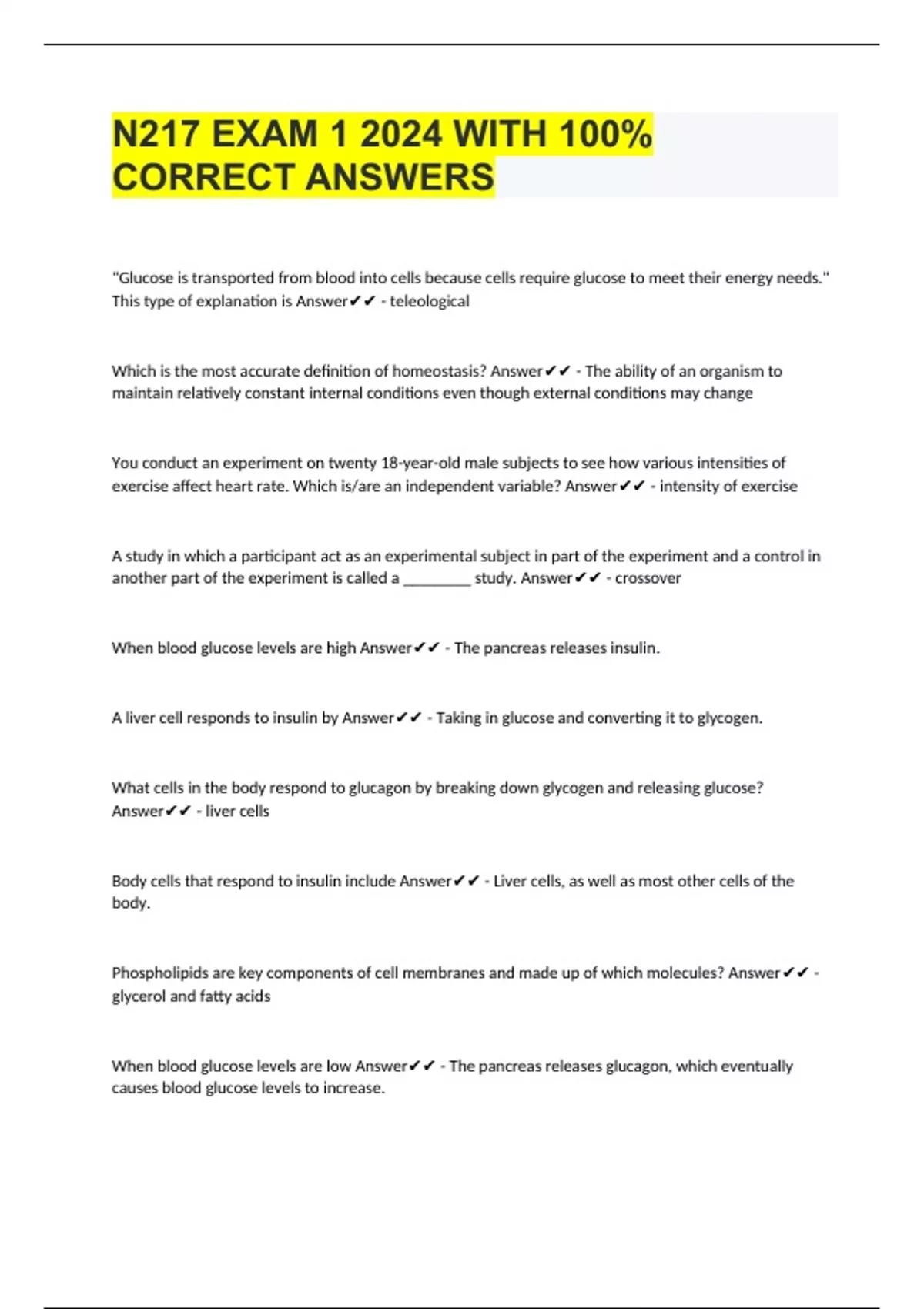 N217 EXAM 1 2024 WITH 100% CORRECT ANSWERS - N217 - Stuvia US