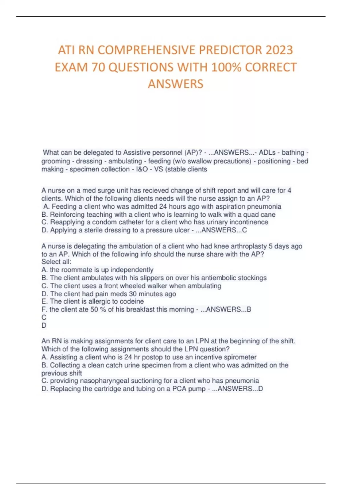 ATI RN COMPREHENSIVE PREDICTOR 2023 EXAM 70 QUESTIONS WITH 100% CORRECT ...