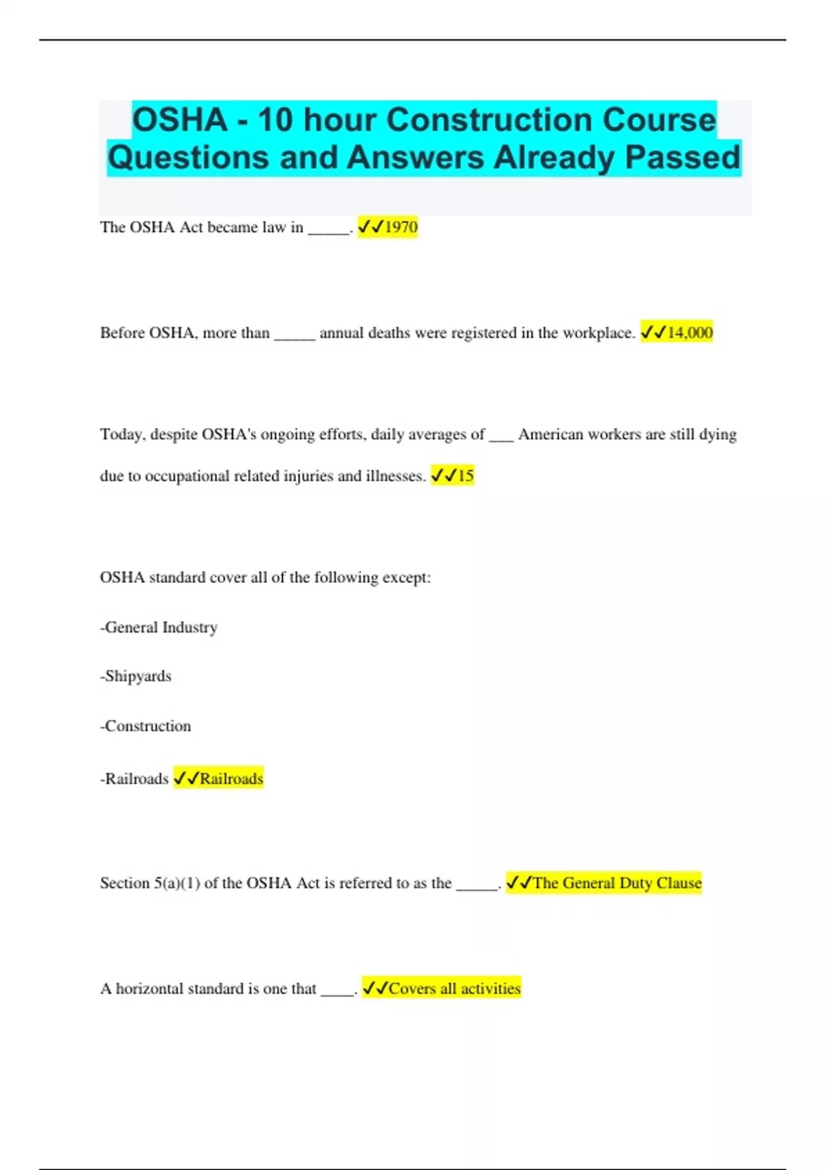 OSHA - 10 hour Construction Course Questions and Answers Already Passed ...