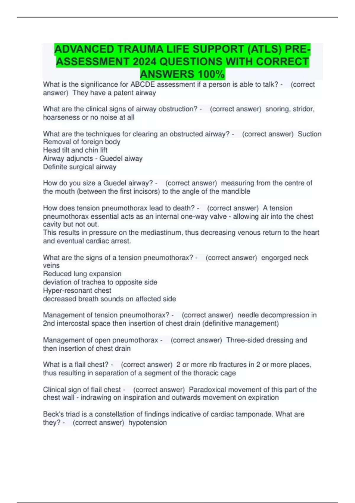 Advanced Trauma Life Support (ATLS) PRE-ASSESSMENT 2024 QUESTIONS WITH ...
