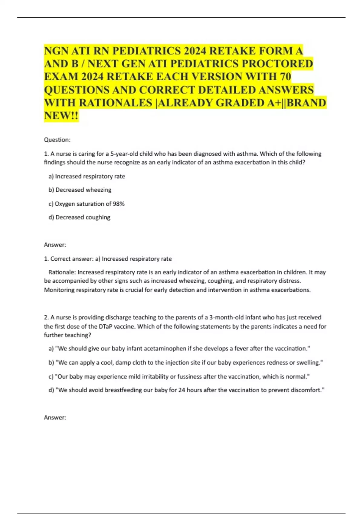 NGN ATI RN PEDIATRICS 2024 RETAKE FORM A AND B / NEXT GEN ATI ...