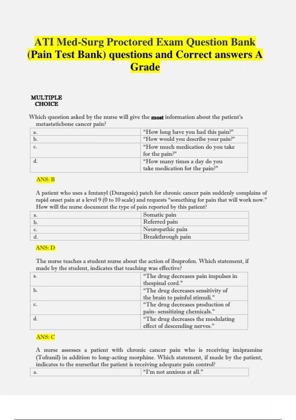 ATI Med-Surg Proctored Exam Question Bank (Pain Test Bank) questions ...