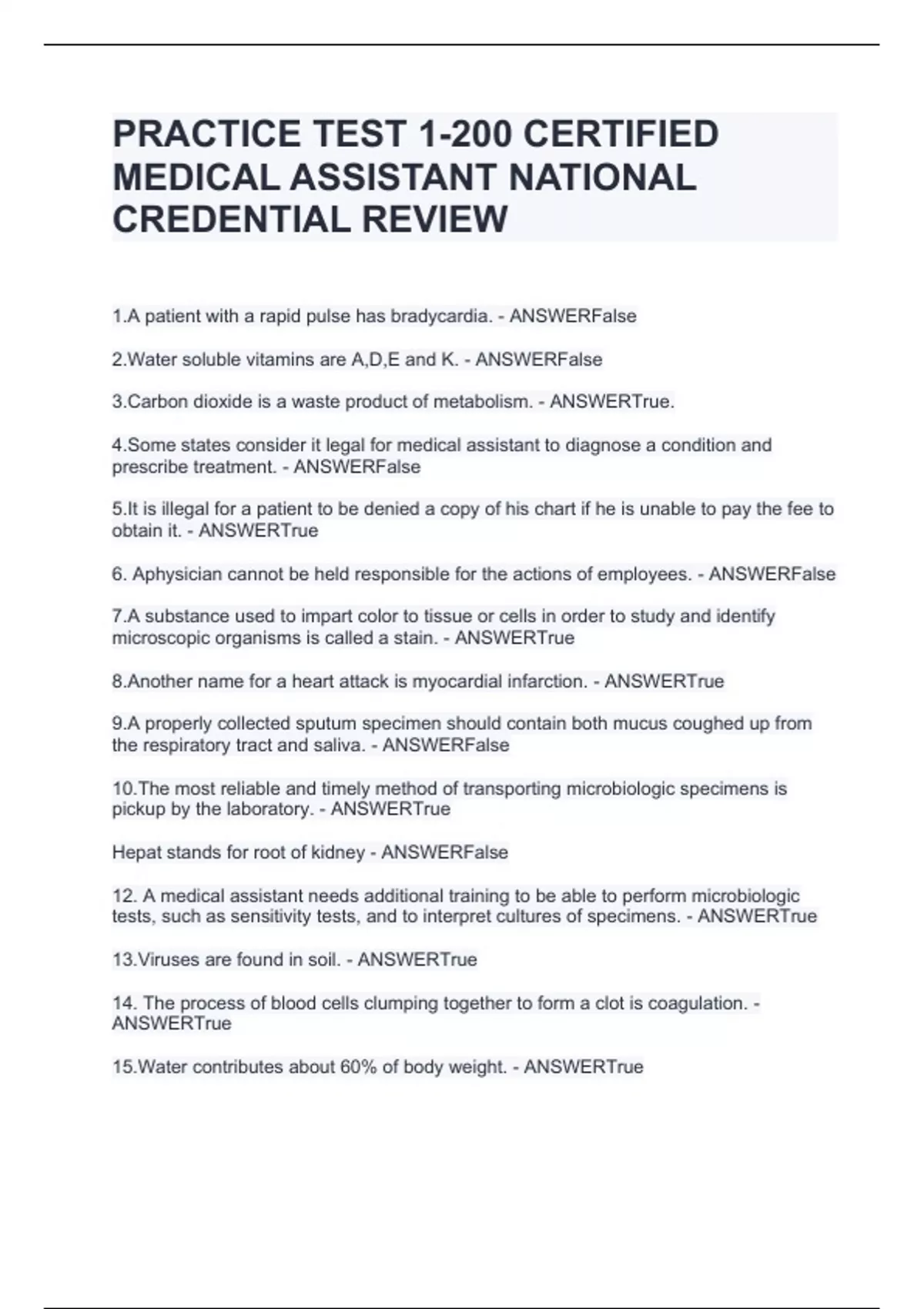 PRACTICE TEST 1-200 CERTIFIED MEDICAL ASSISTANT NATIONAL CREDENTIAL ...