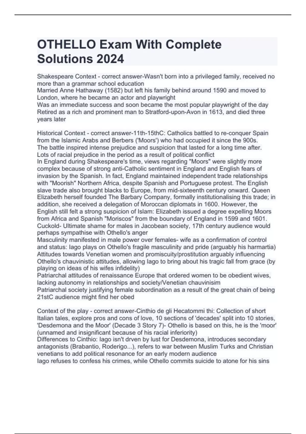 OTHELLO Exam With Complete Solutions 2024 - OTHELLO - Stuvia US