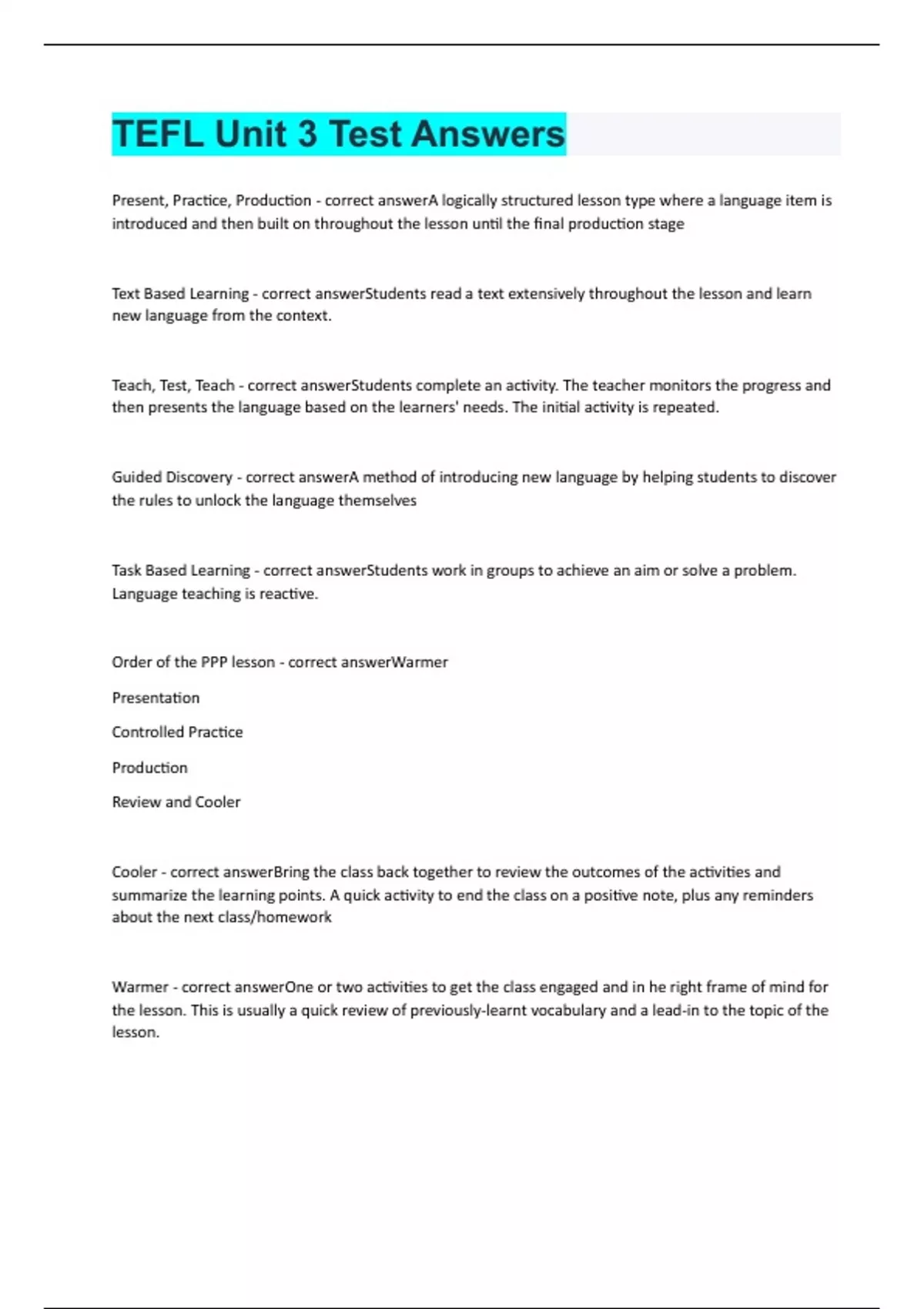 TEFL Unit 3 Test Answers Questions and answers latest update - Tefl ...