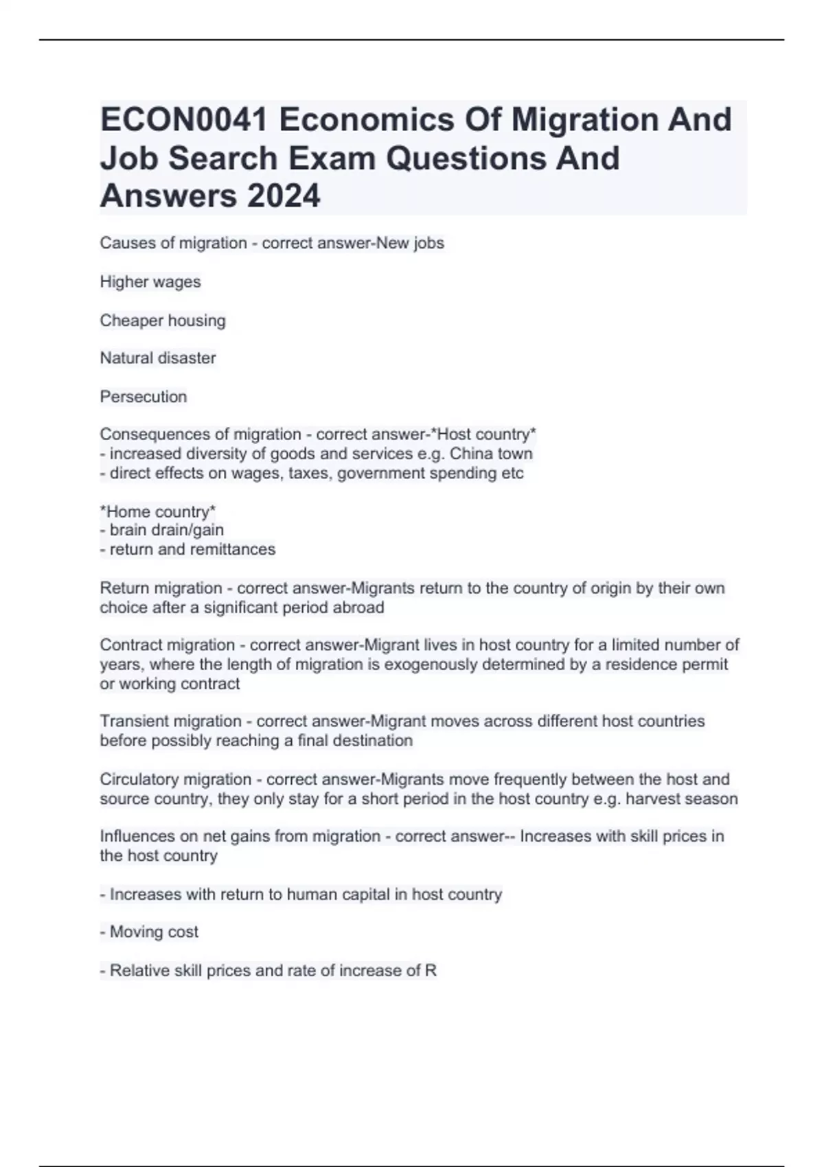 ECON0041 Economics Of Migration And Job Search Exam Questions And ...