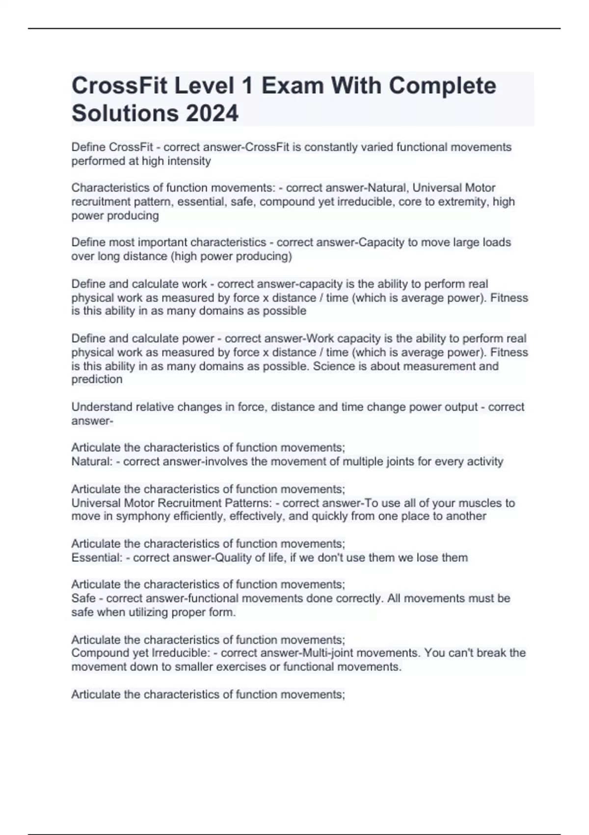 CrossFit Level 1 Exam With Complete Solutions 2024 - CrossFit Level 1 ...